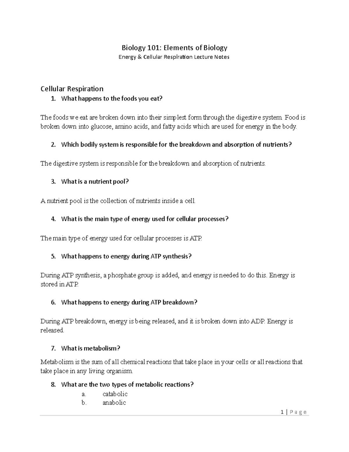 Biology 101 Cellular Respiration Lecture Notes CJohnson-1 (1) 4 ...