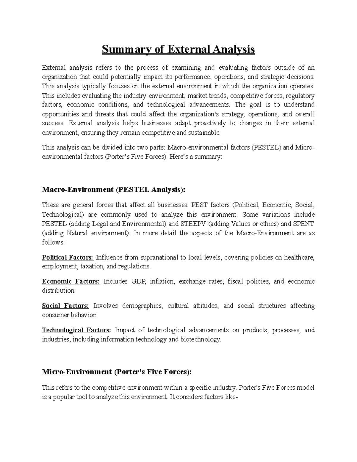 Summary of External Analysis-2 - Summary of External Analysis External ...