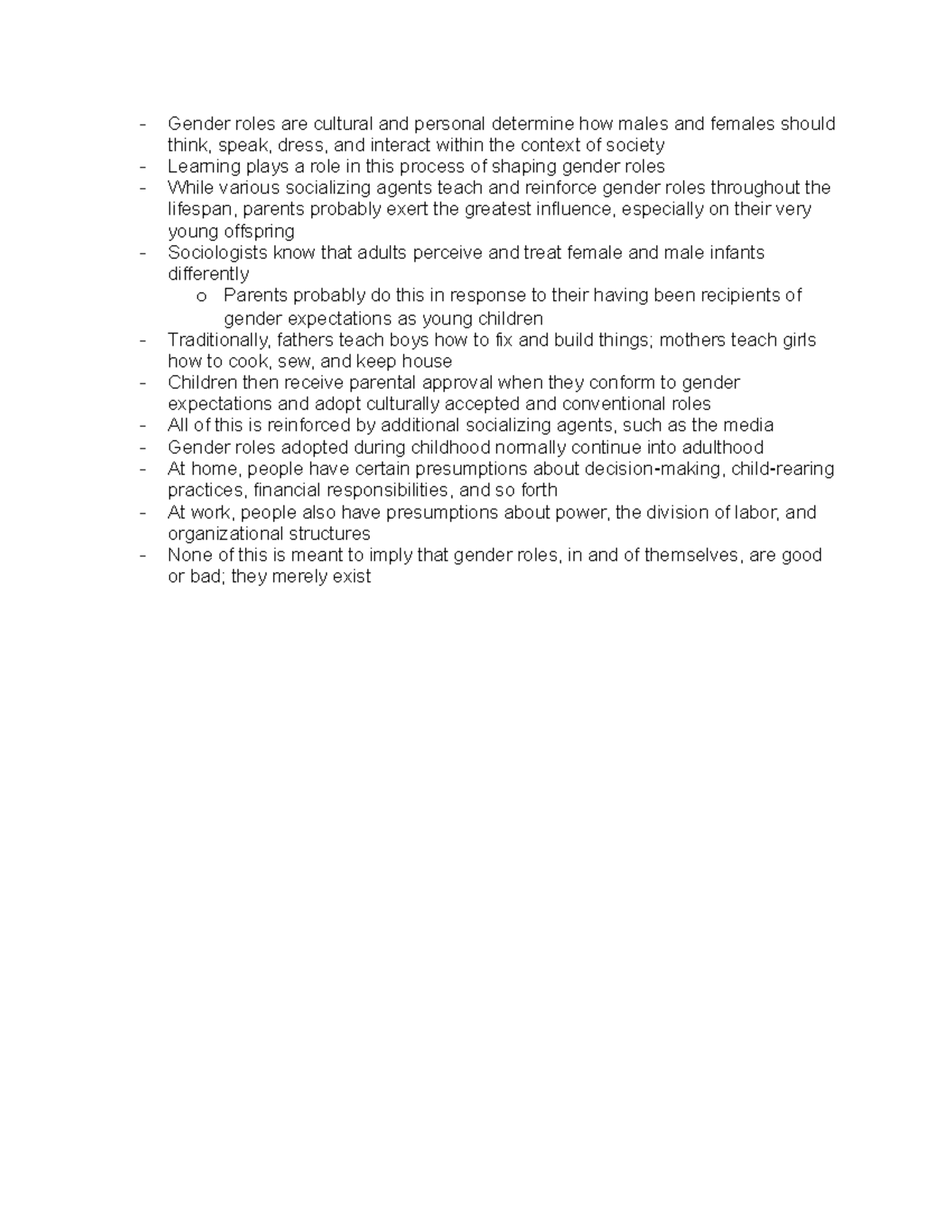 Gender Roles Sociology lecture notes - Gender roles are cultural and ...