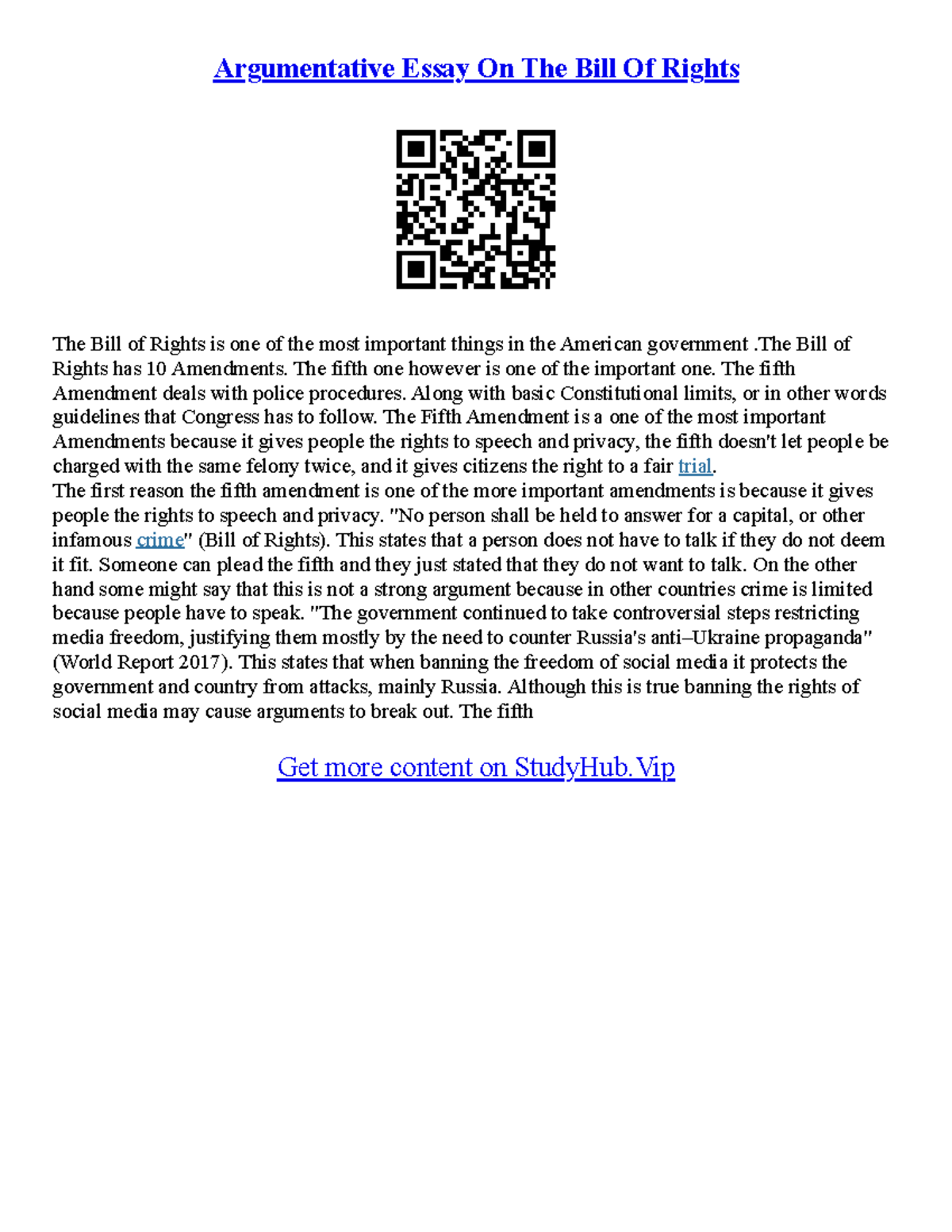 Argumenative Essay - The Bill of Rights has 10 Amendments. The fifth ...