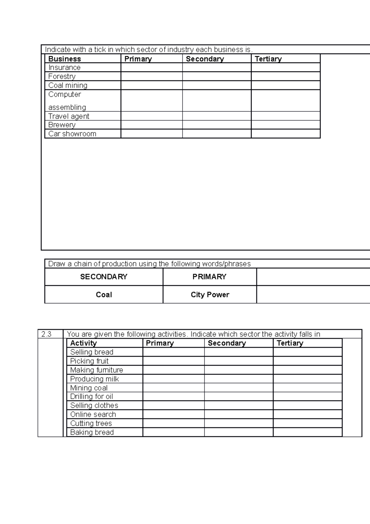 Activities for Grade 9A - Indicate with a tick in which sector of ...
