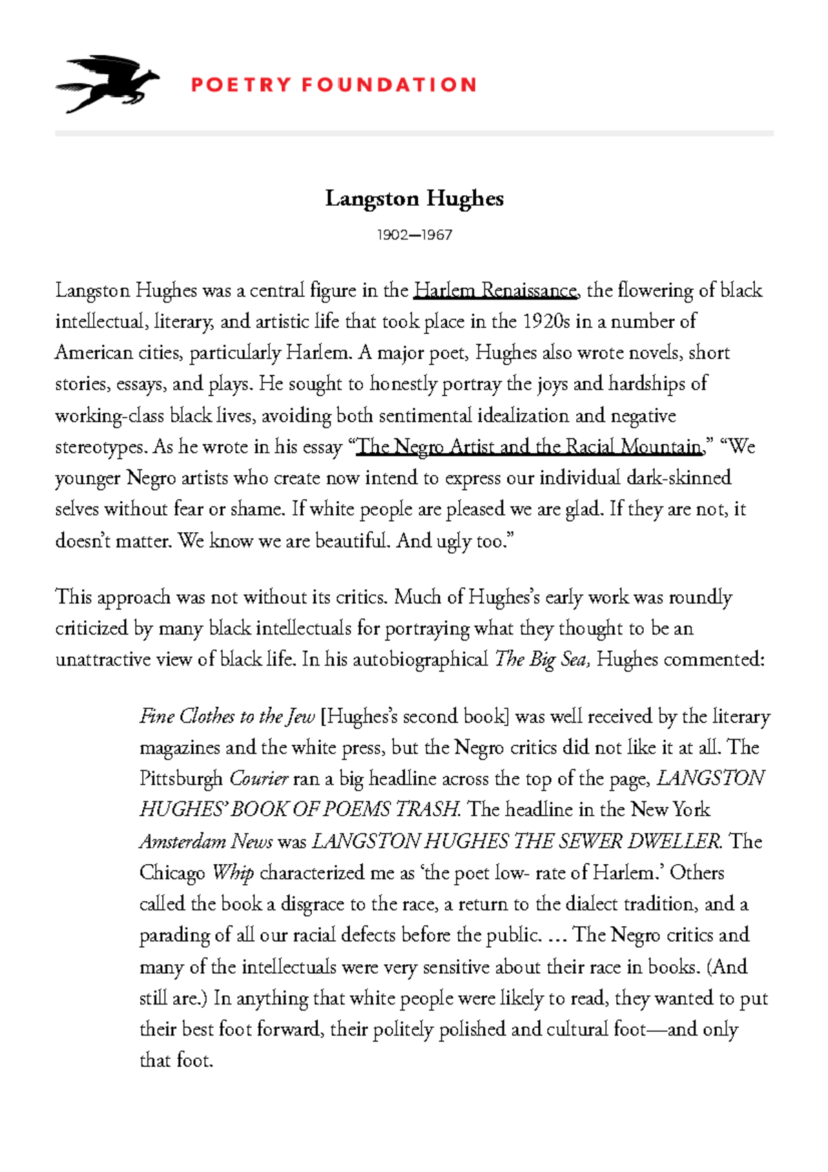 Langston Hughes - Notes - Langston Hughes 1902— Langston Hughes was a ...