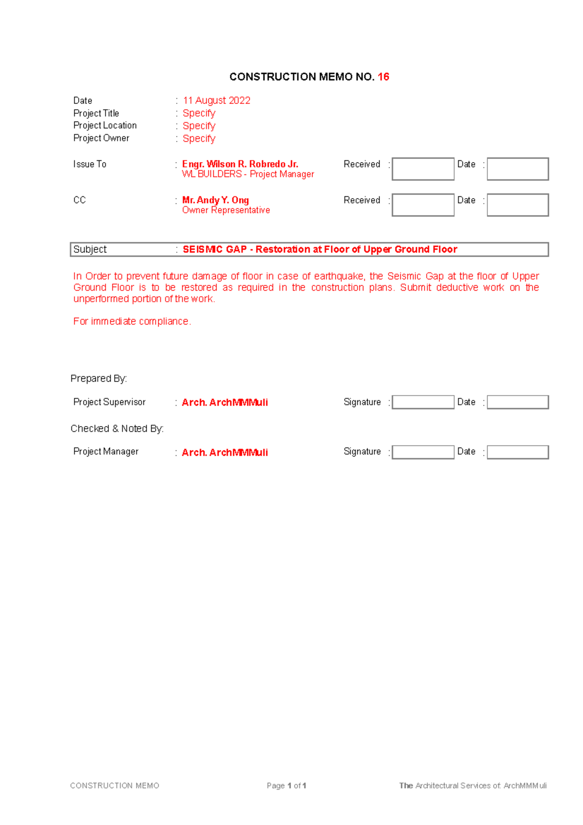Construction Memo - as shown - CONSTRUCTION MEMO NO. 16 DateProject ...
