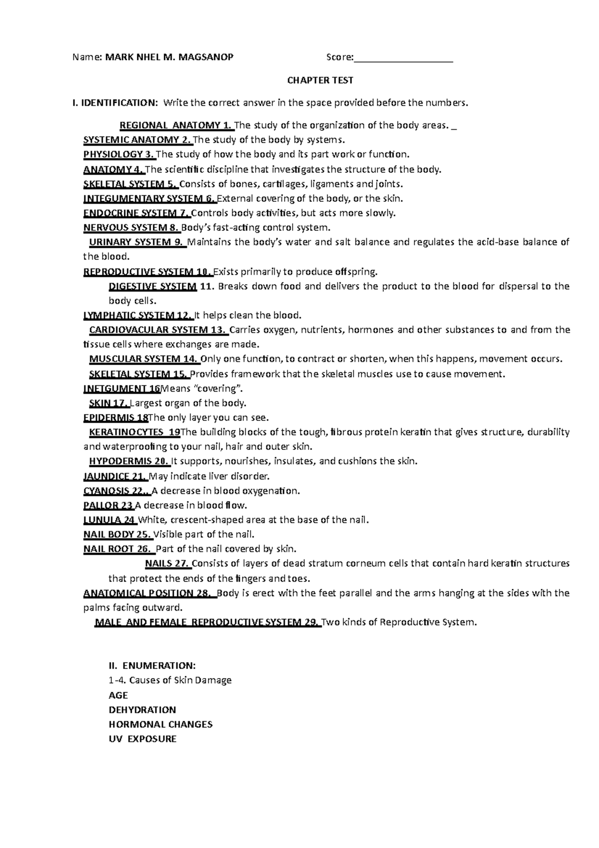 Chapter-Test-1 - lesson to a topic - Name: MARK NHEL M. MAGSANOP Score