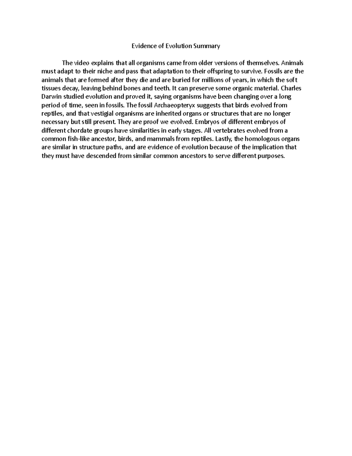 Evidence of Evolution Summary - Animals must adapt to their niche and ...
