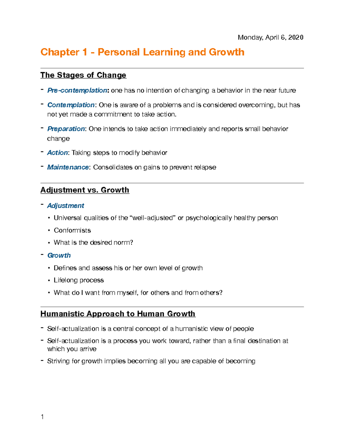 Chapter 1 Personal Growth and Learning - Monday, April 6, 2020 Chapter ...
