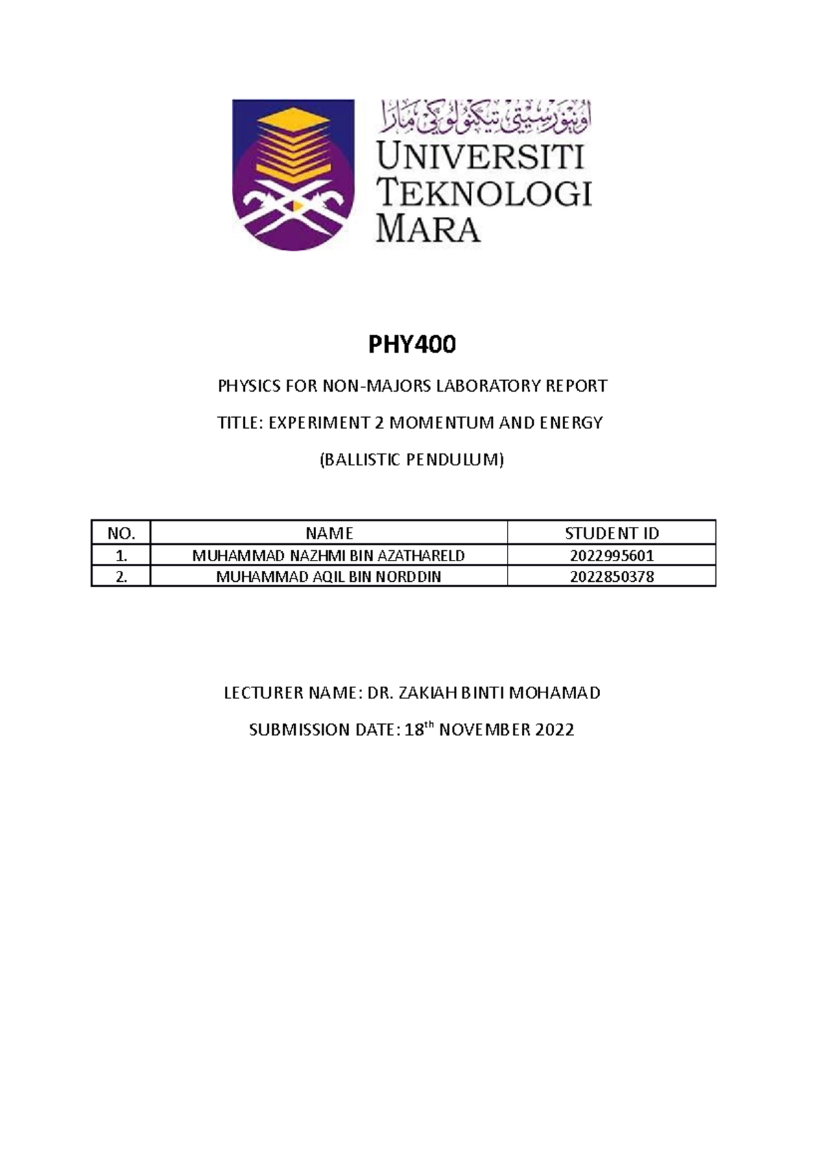 Ballistic pendulum - Sample lab report - PHY PHYSICS FOR NON-MAJORS ...