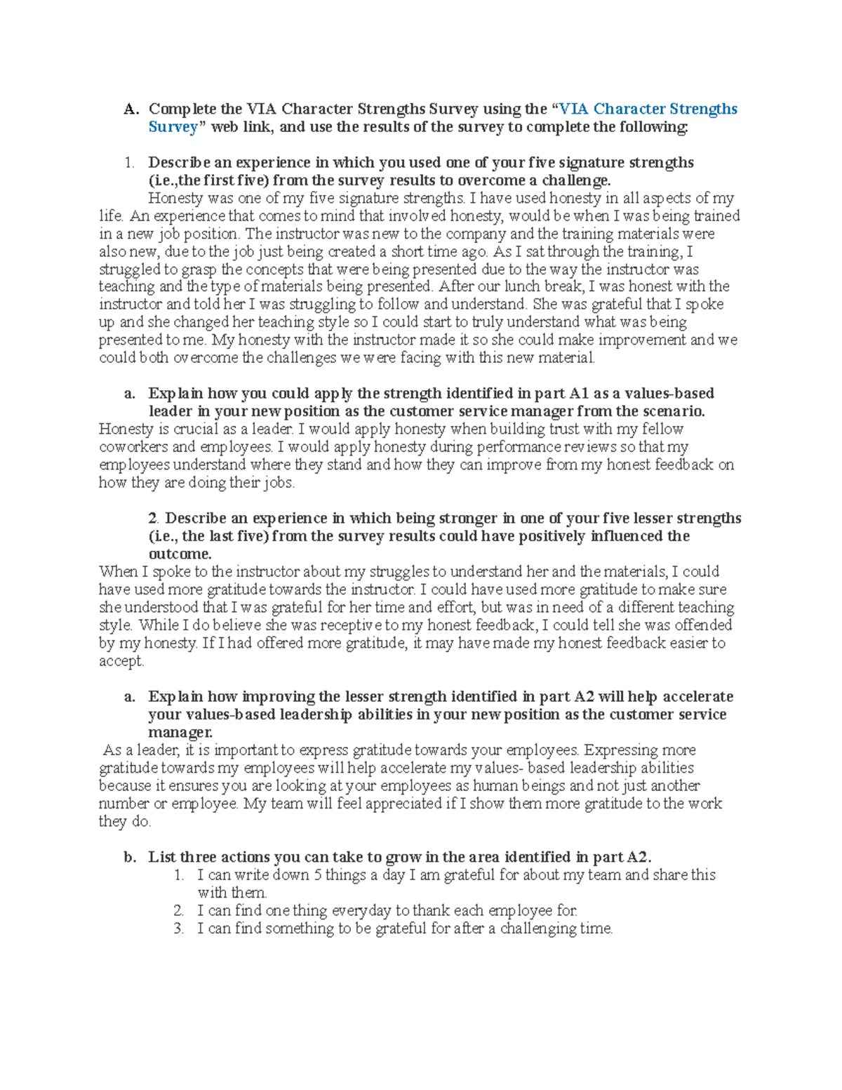 D253 Task 1 - D253 Task 1 - A. Complete the VIA Character Strengths ...