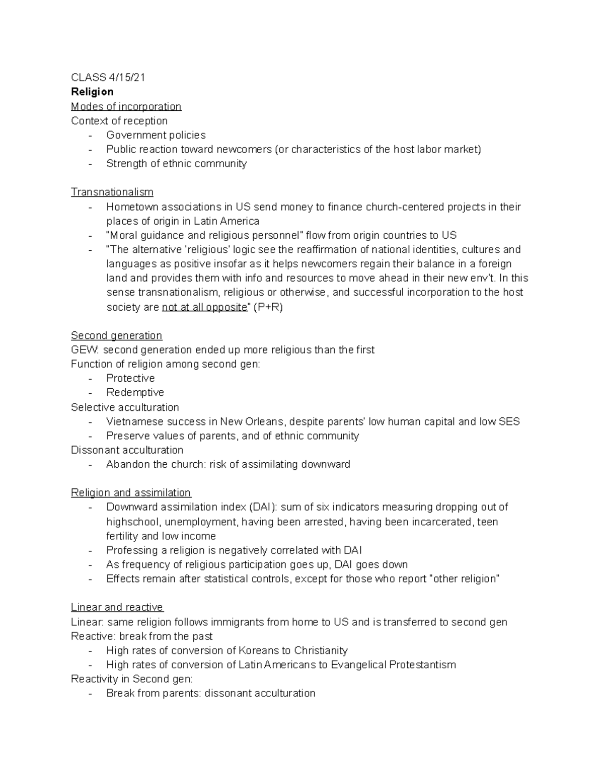Religion - Lecture notes 11 - CLASS 4/15/ Religion Modes of ...