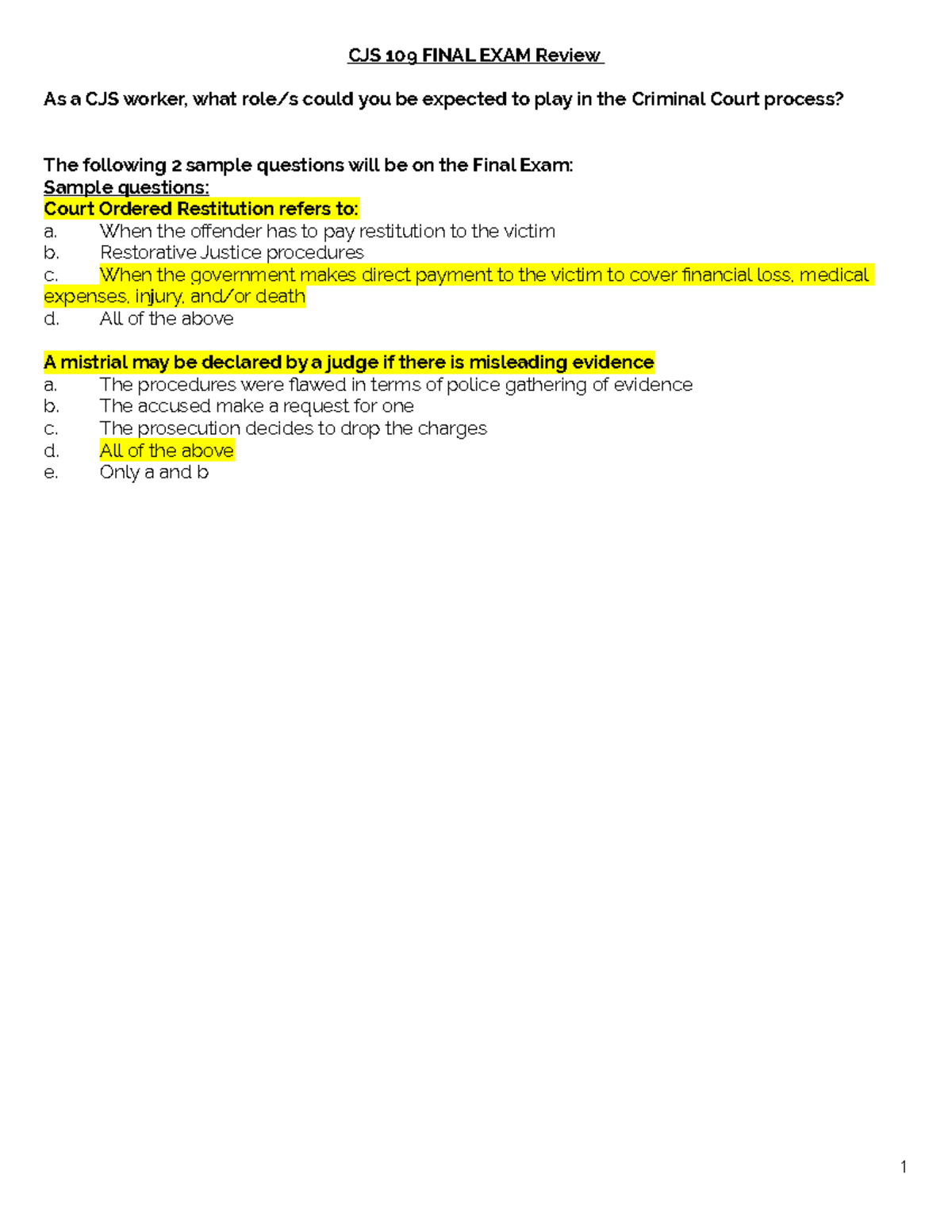 CANADIAN CRIMINAL JUSTICE SYSTEM FINAL EXAM REVIEW - CJS 109 FINAL EXAM ...