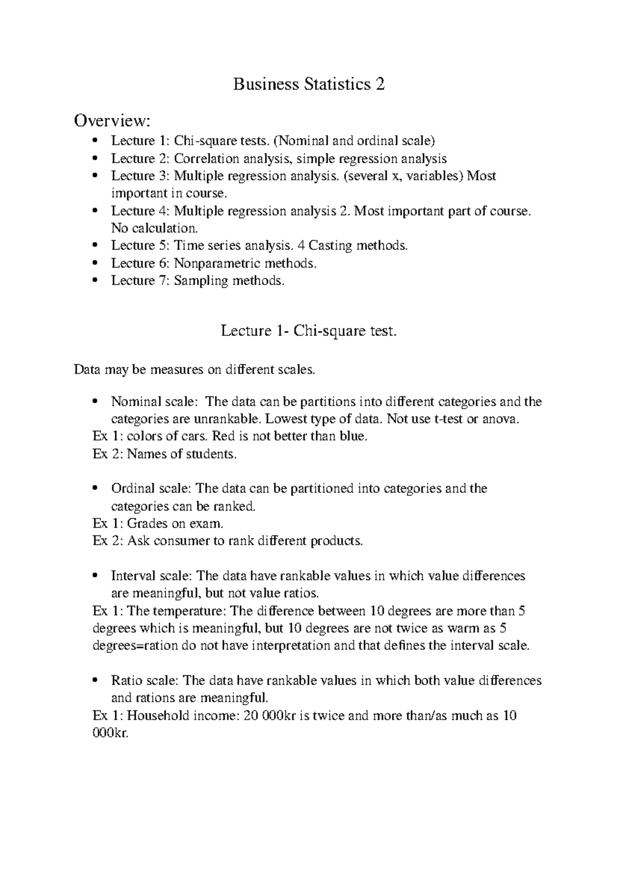 Business Statistics 2 notes - Business Statistics 2 Overview: Lecture 1 ...