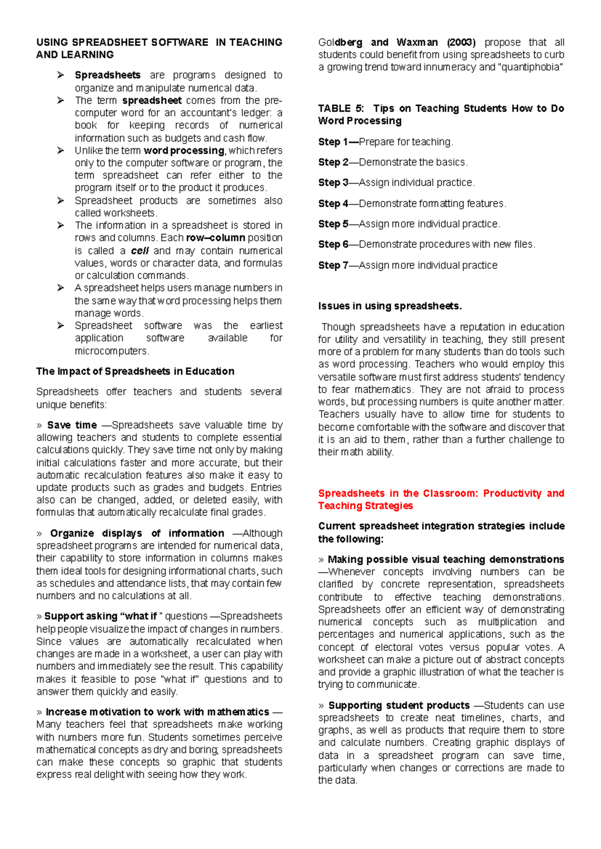 Technology- Reviewer- Finals - USING SPREADSHEET SOFTWARE IN TEACHING ...