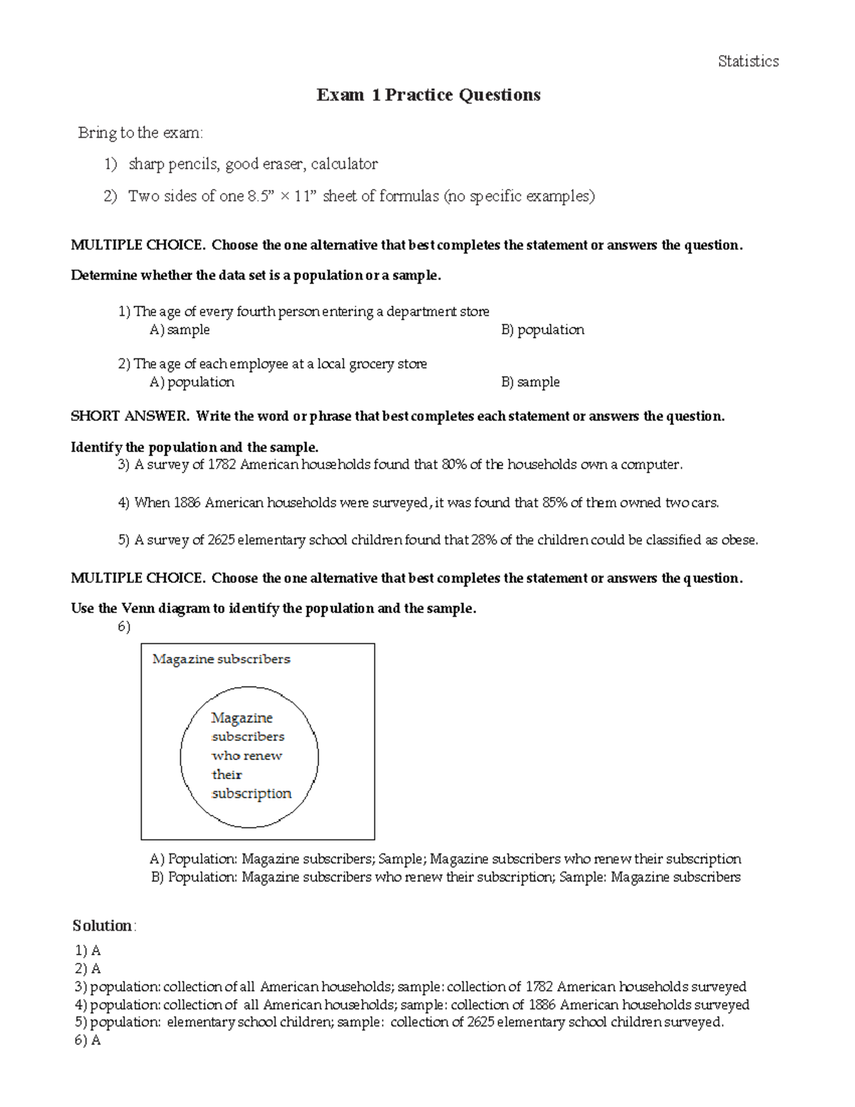 Exam 1 Practice Questions - Statistics Exam 1 3UDFWLFH Questions %ULQJ ...