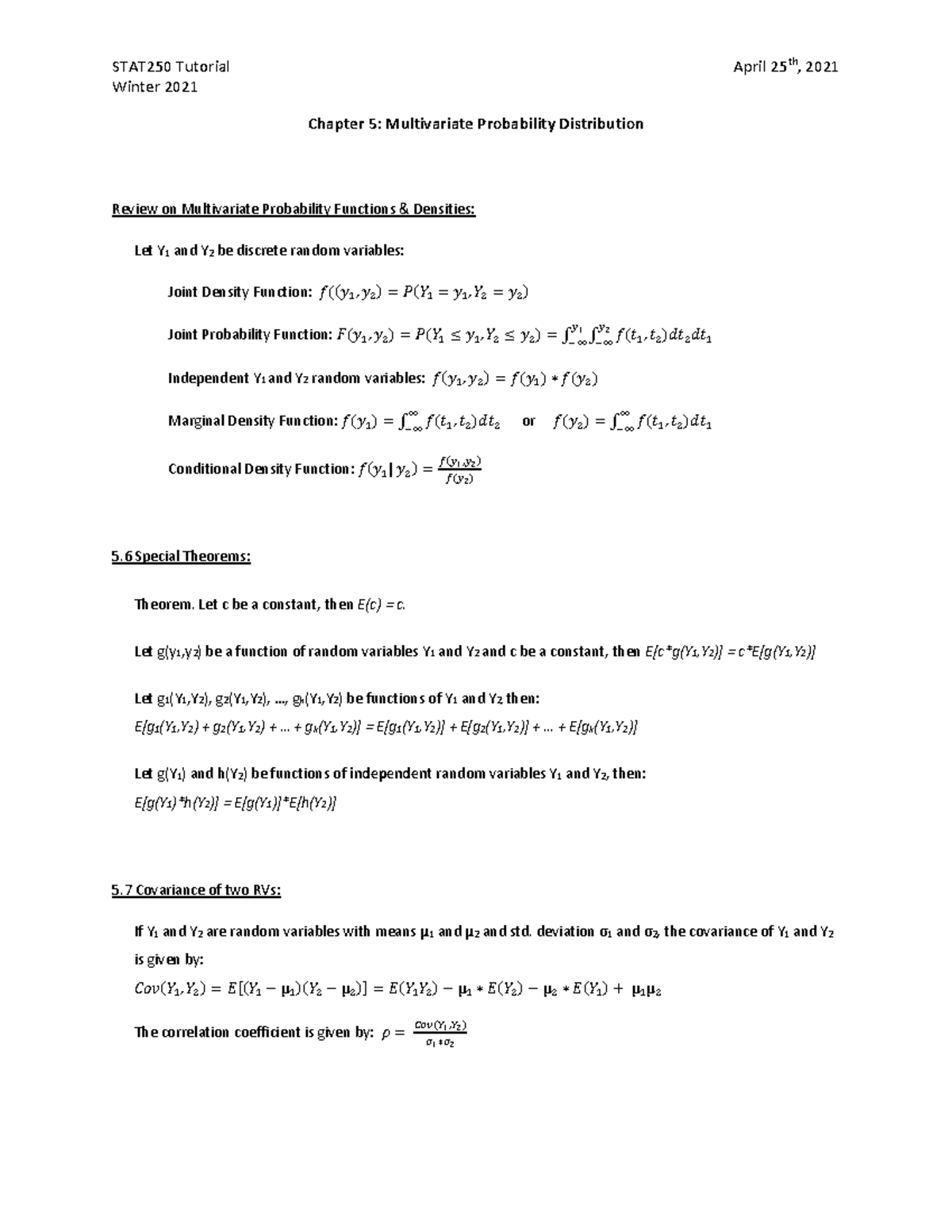 STAT250 Tutorial Review Document - Winter 2021 Chapter 5: Multivariate ...