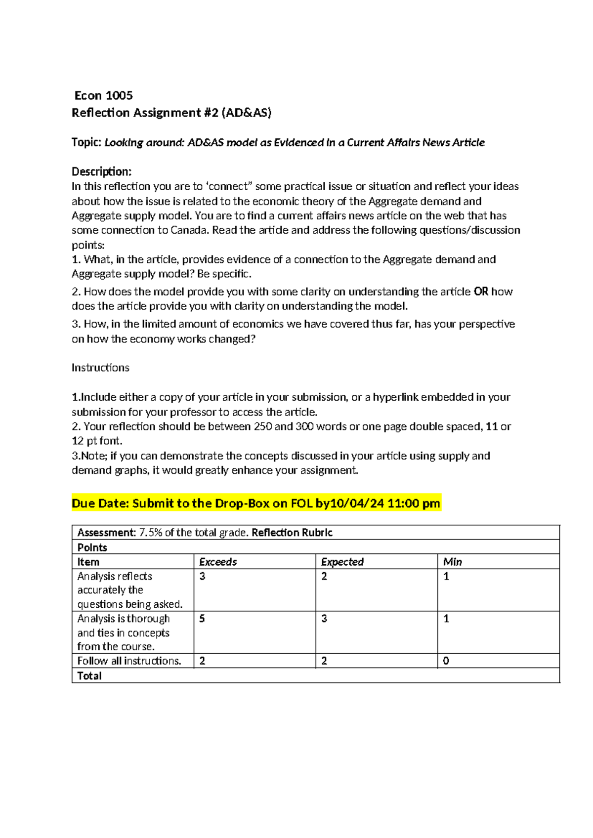 Econ-1005-Assignment-#2 - Econ 1005 Reflection Assignment #2 (AD&AS ...