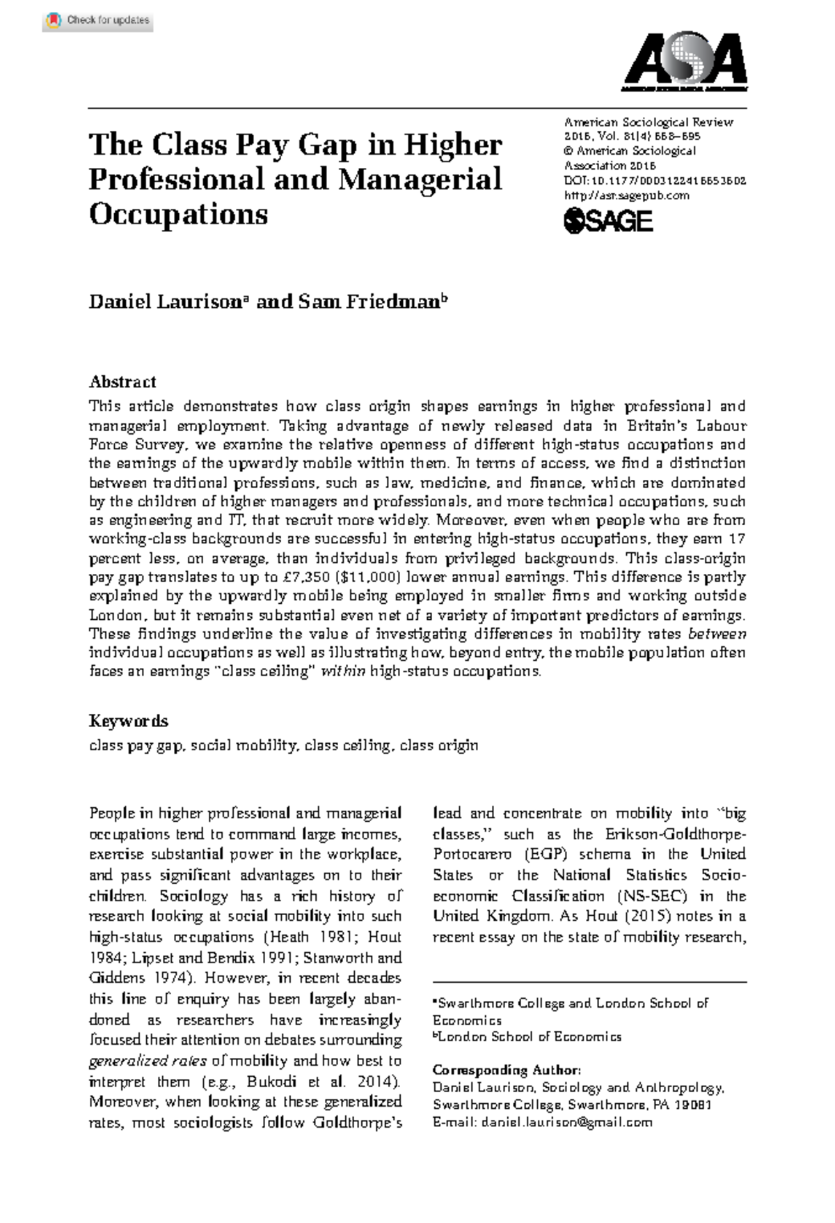 The Class Pay Gap in Higher - American Sociological Review 2016, Vol ...
