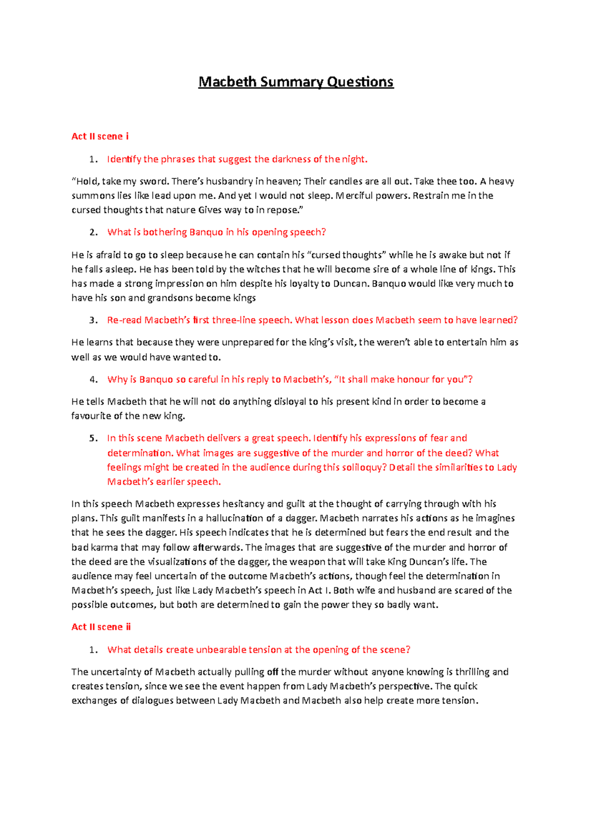 Macbeth Summary Questions- ACT TWO - EDF2020 - Monash - Studocu