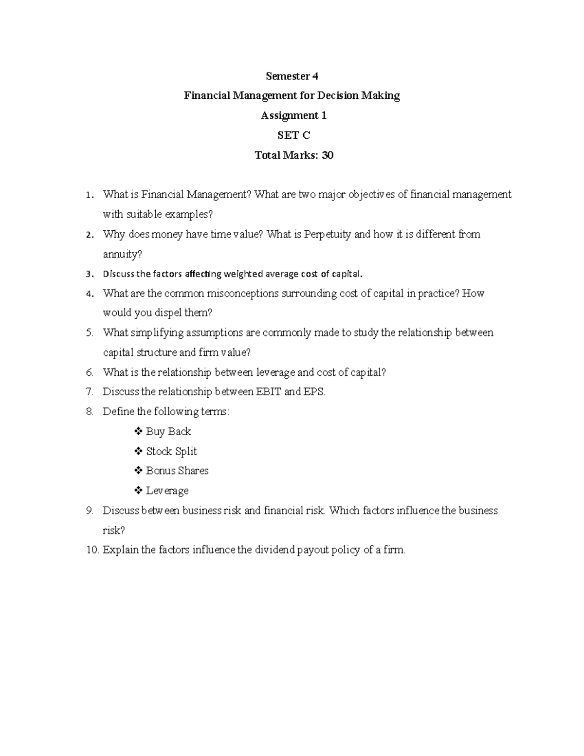 Semester 4 Assignment C - Semester 4 Financial Management for Decision Making Assignment 1 SET C ...
