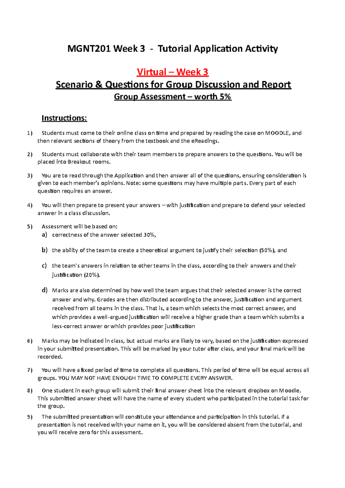 MGNT 201 application 2 - work - MGNT201 Week 3 - Tutorial Application Activity Virtual – Week 3 ...