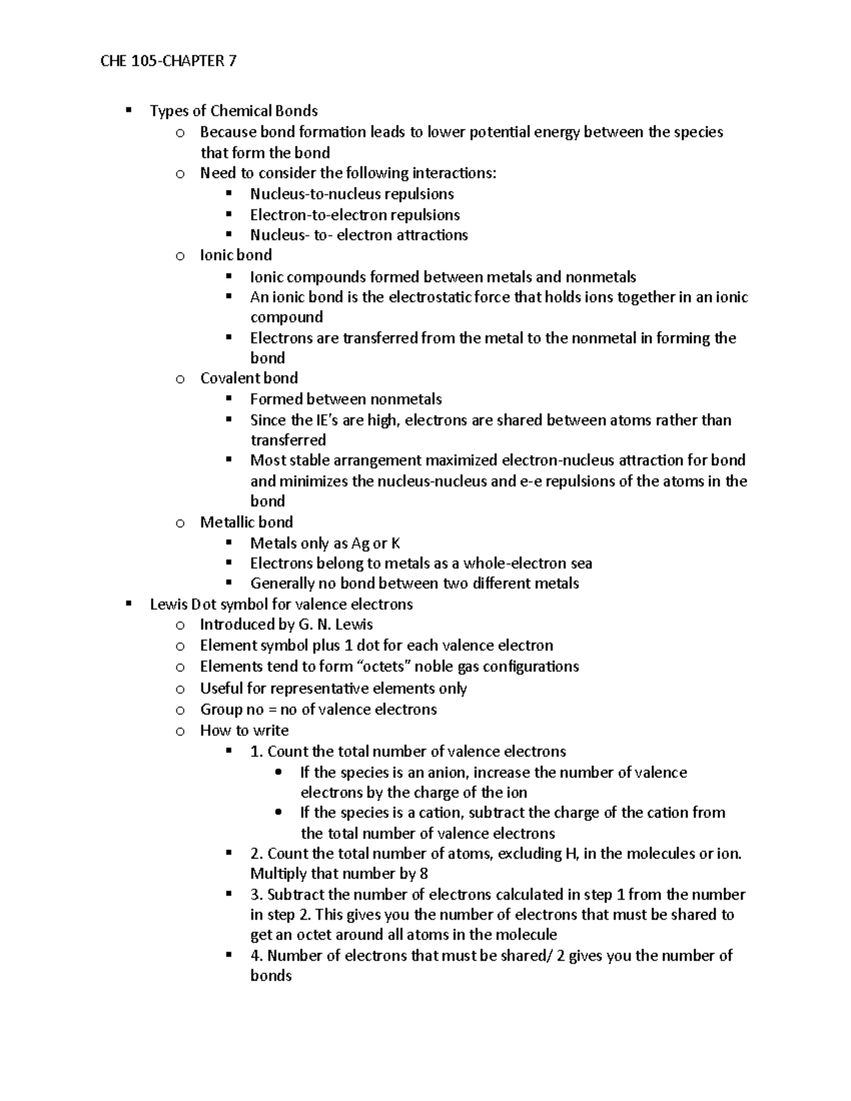 Chem 105- chapter 7 - CHE 105-CHAPTER 7 Types of Chemical Bonds o ...