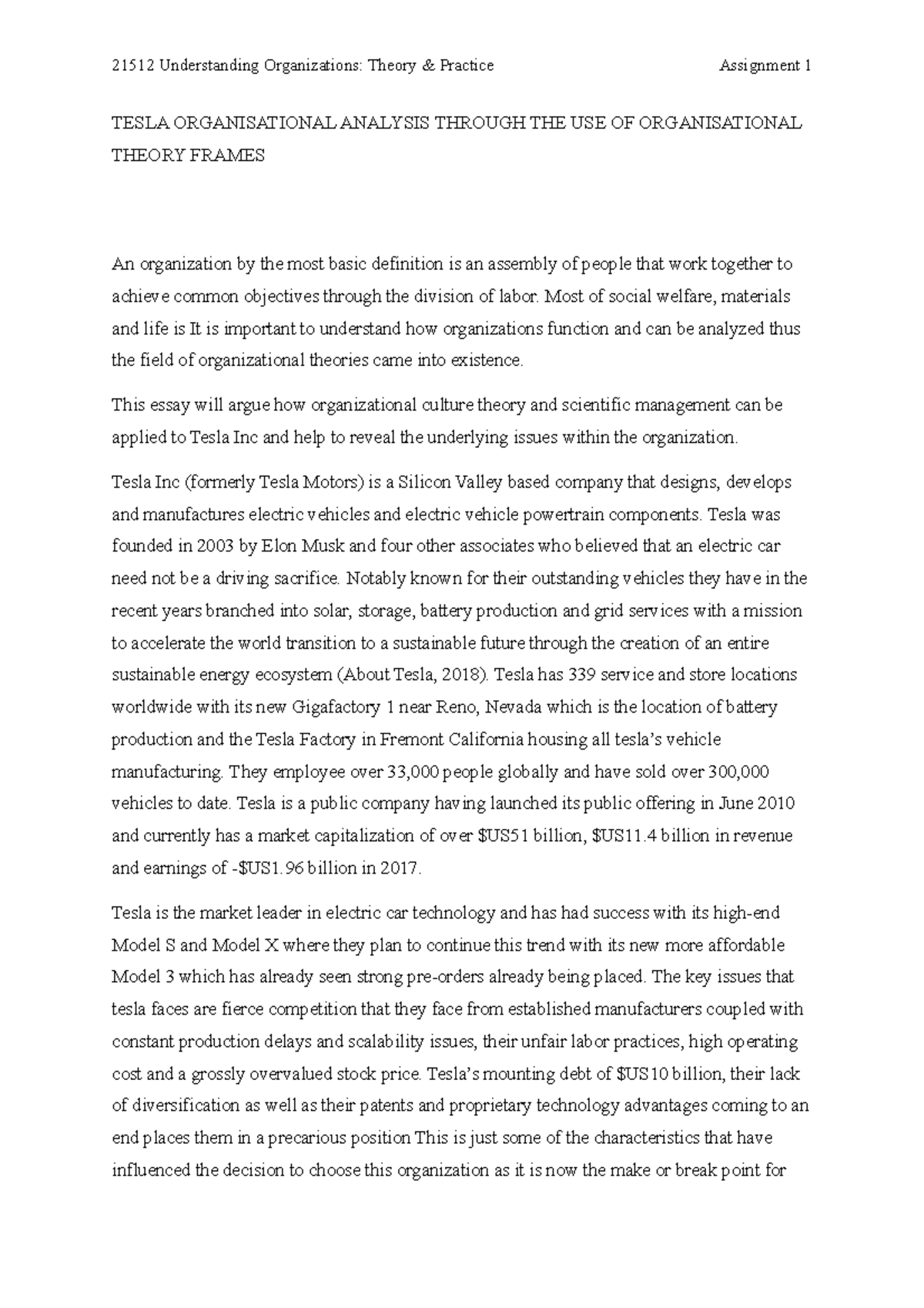 Assessment task 1 TESLA ORGANISATIONAL ANALYSIS THROUGH THE USE OF ...