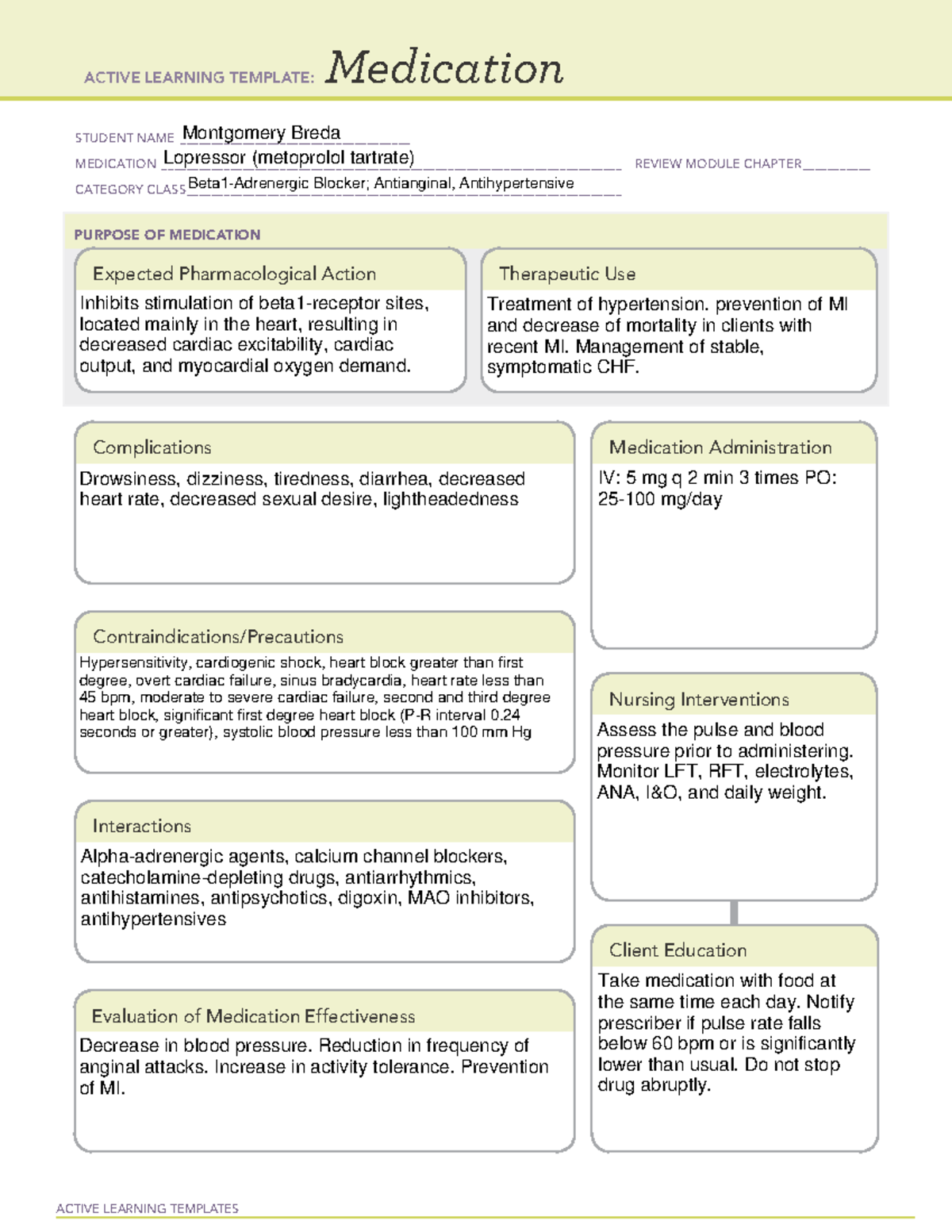 Lopressor drug card - notes - ACTIVE LEARNING TEMPLATES Medication ...