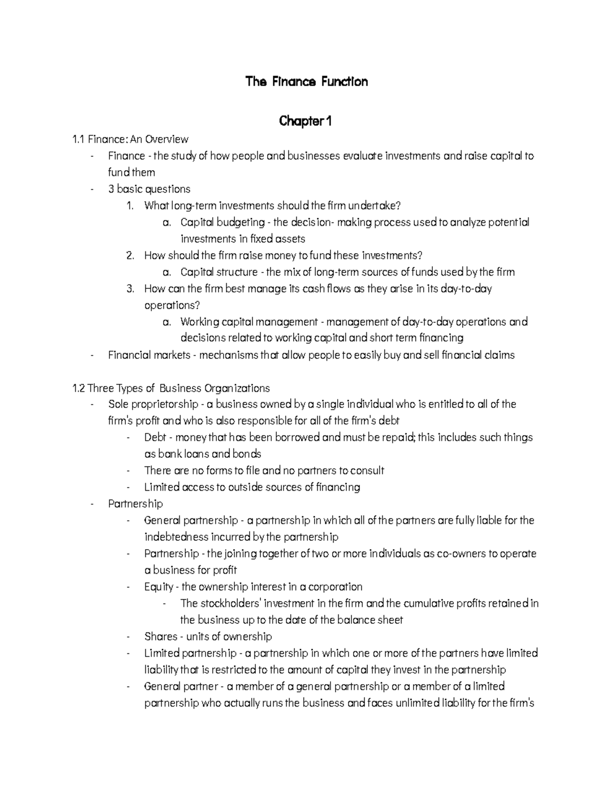 (Week 1) The Finance Function - The Finance Function Chapter 1 1 ...