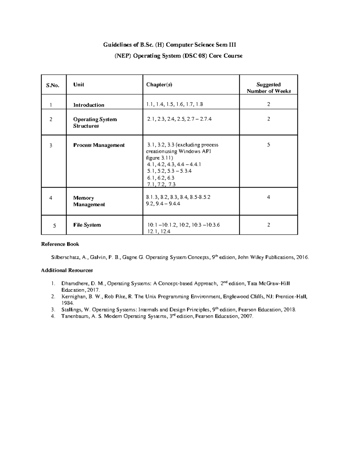 OS Syllabus - Guidelines of B. (H) Computer Science Sem III (NEP ...