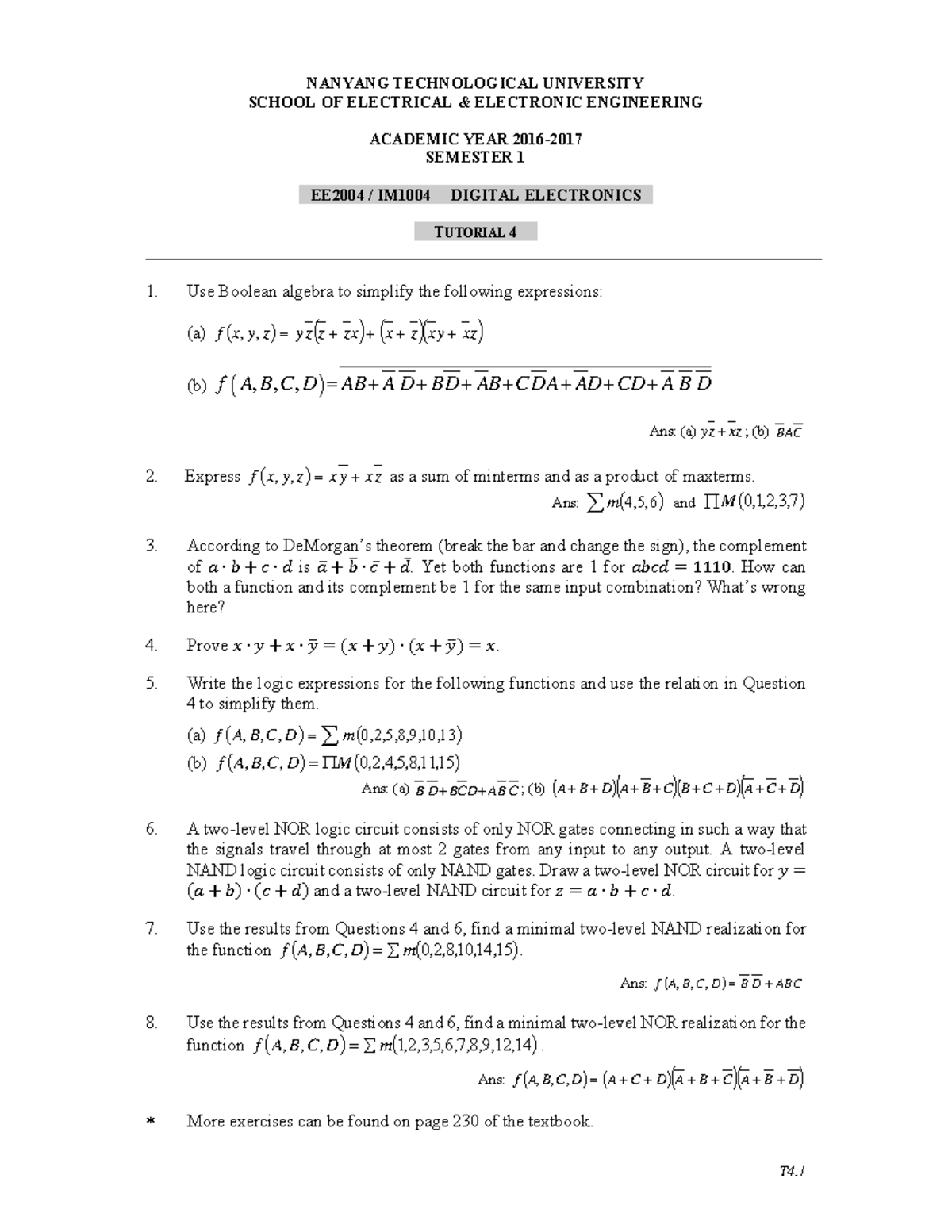 Tutorial 4 - NANYANG TECHNOLOGICAL UNIVERSITY SCHOOL OF ELECTRICAL ...