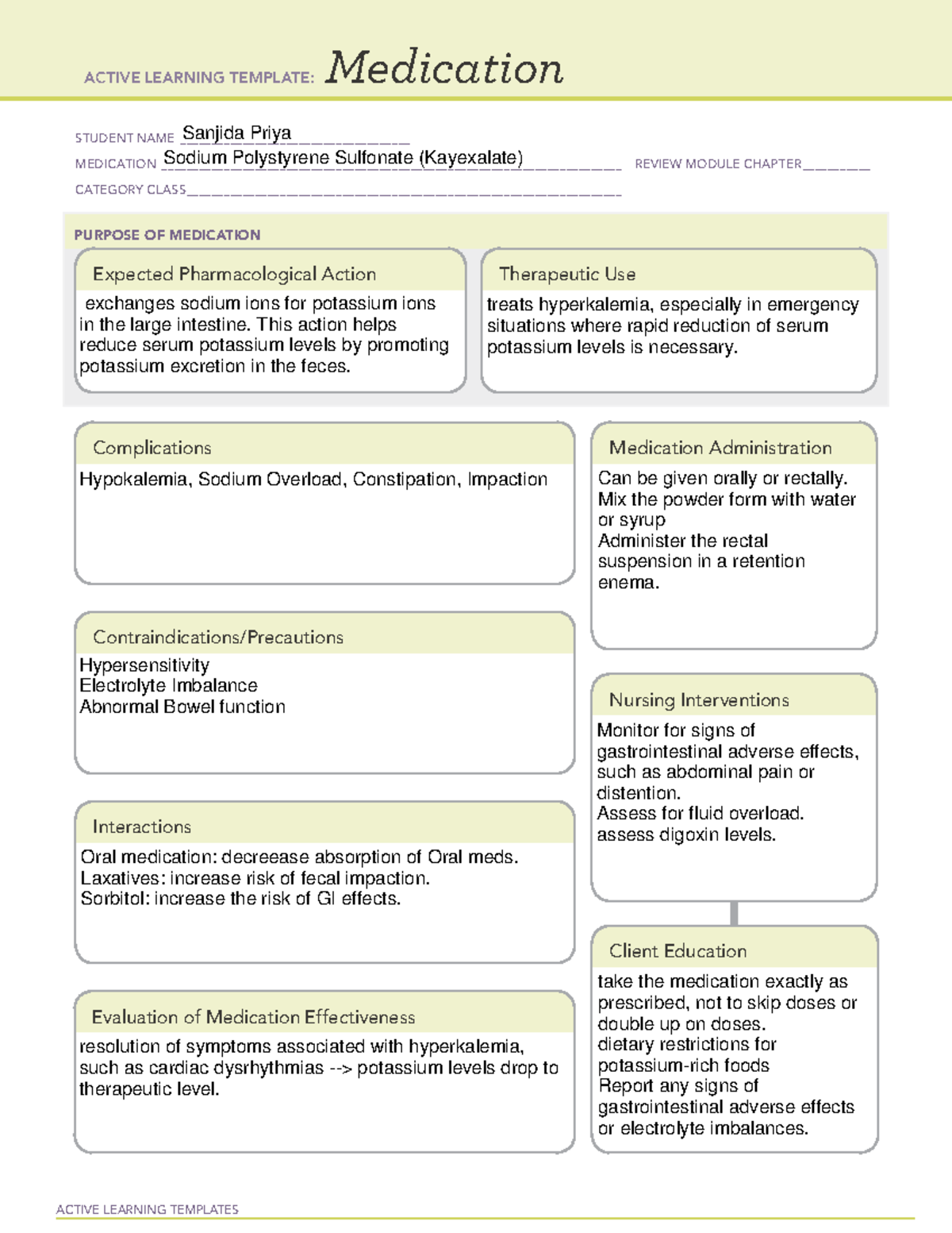 Kayexalate Medication - ACTIVE LEARNING TEMPLATES Medication STUDENT ...