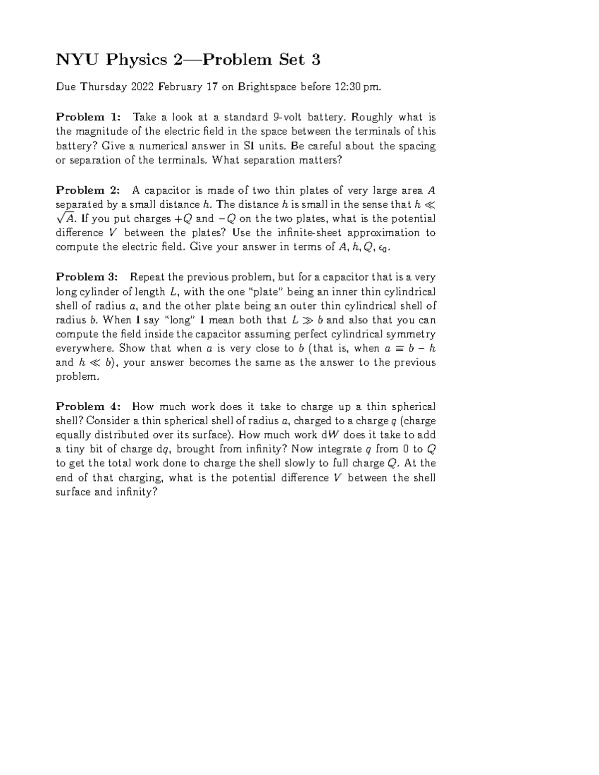 Physics 2 problem set 3 - NYU Physics 2—Problem Set 3 Due Thursday 2022 February 17 on ...