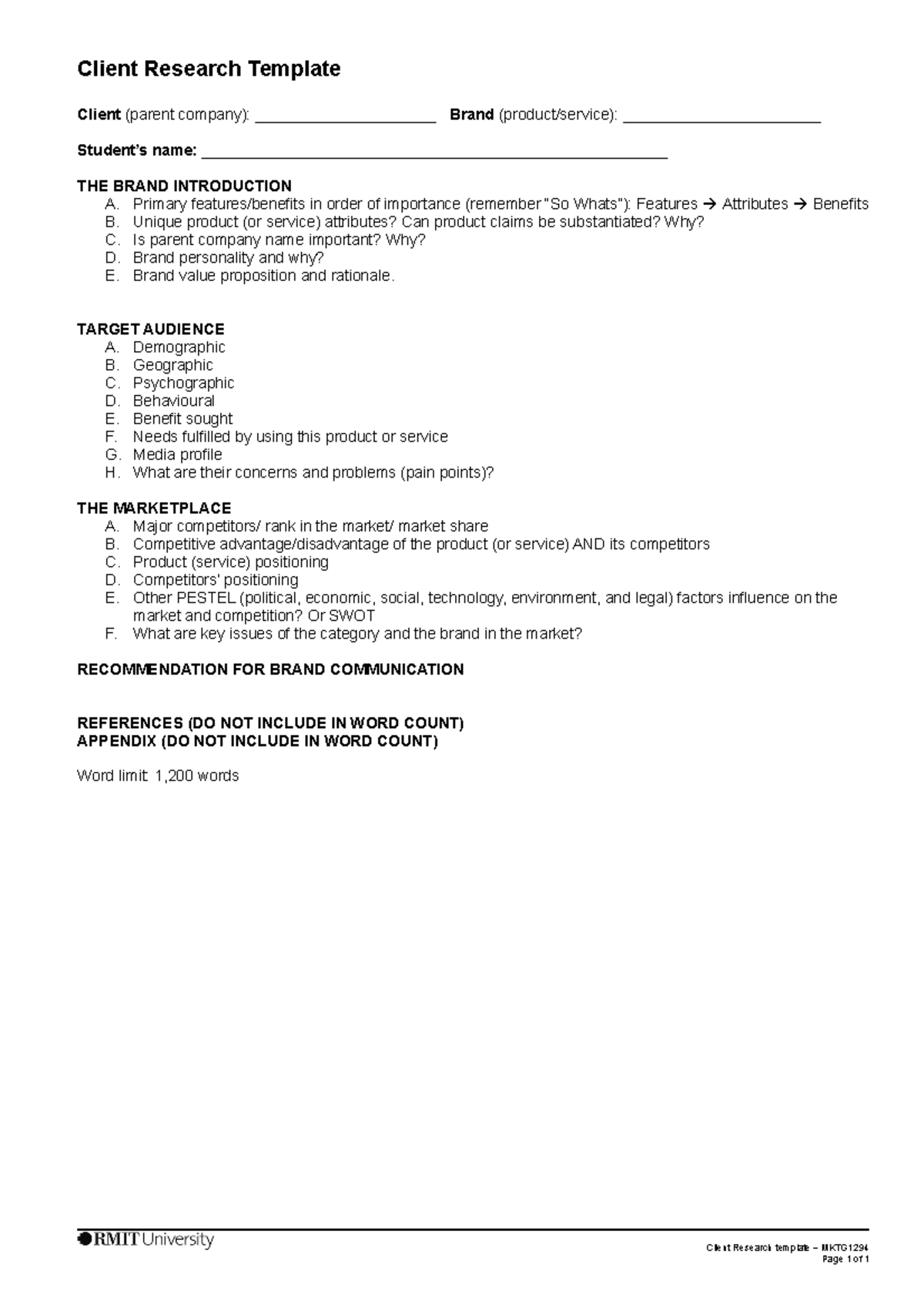 Client Research Template - Introduction to Advertising - Client ...