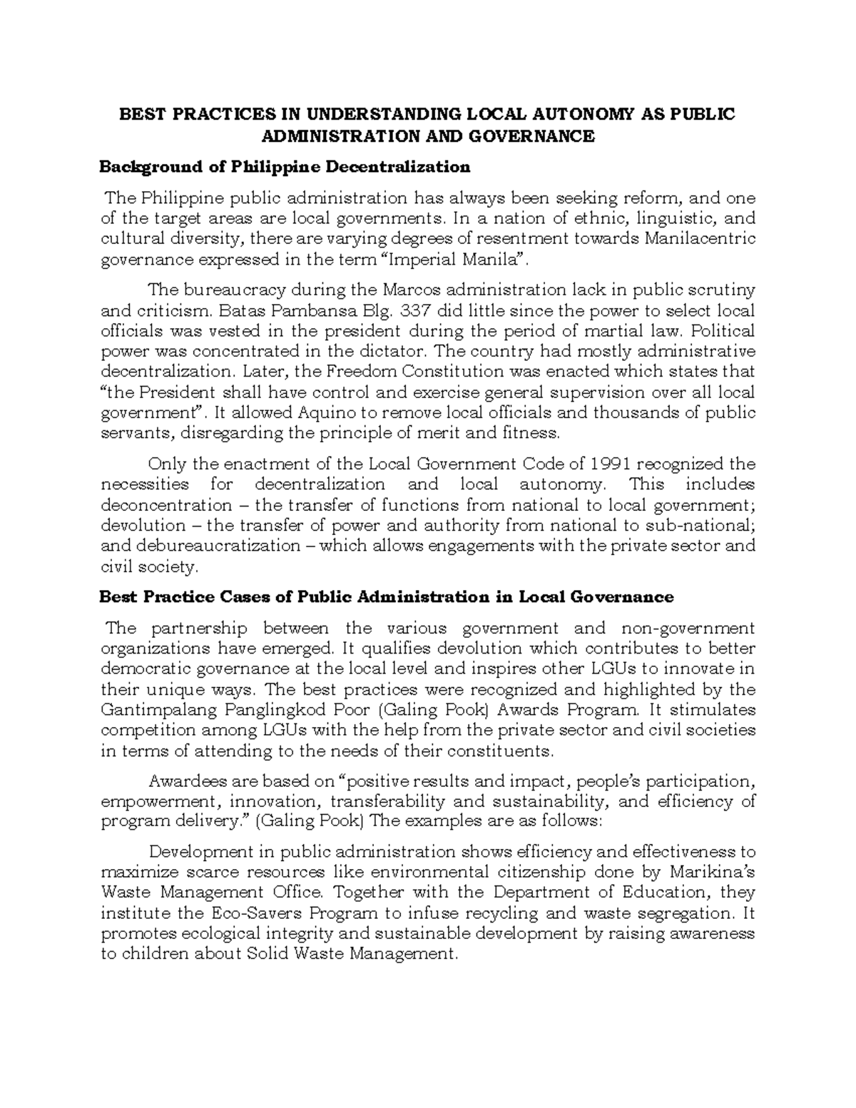 BEST Practices IN Understanding Local Autonomy AS Public Administration ...