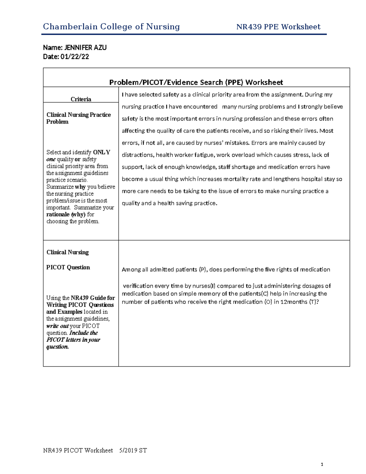 NR439 W3 PPE Worksheet 1 January 2022 - Chamberlain College of Nursing ...