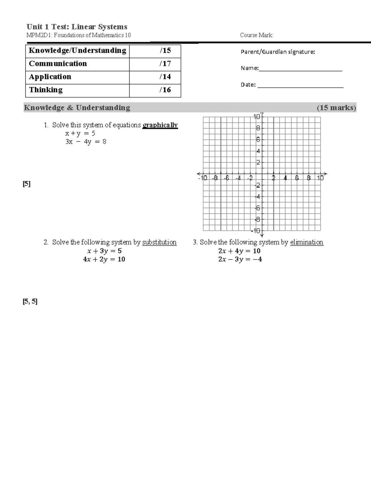 Unit 1 Test Linear System - MPM2D1: Foundations of Mathematics 10 ...