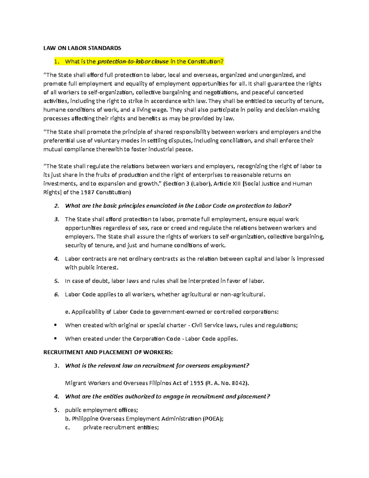 Labor REV Q1 Coverage - LAW ON LABOR STANDARDS What is the protection ...