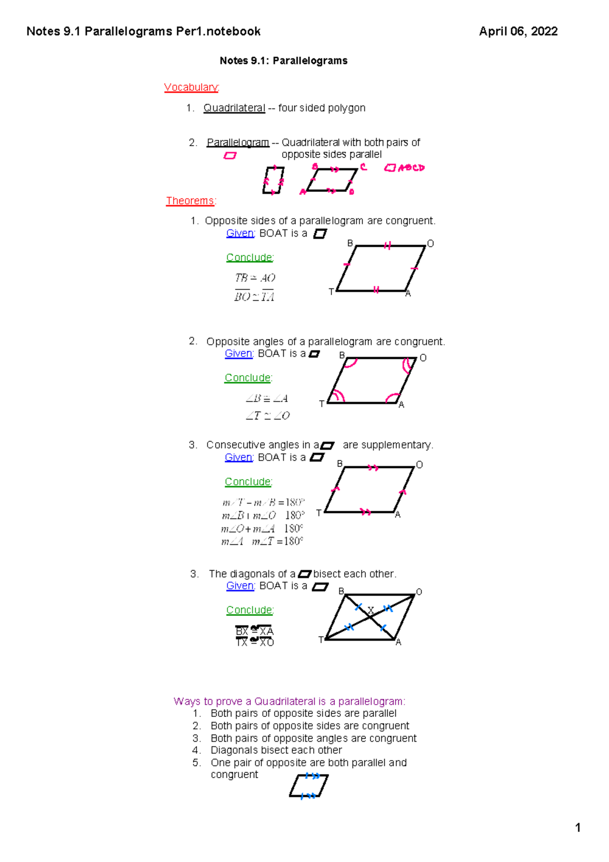 Notes 9.1 Parallelograms Completed - Notes 9 Parallelograms Per1 1 ...