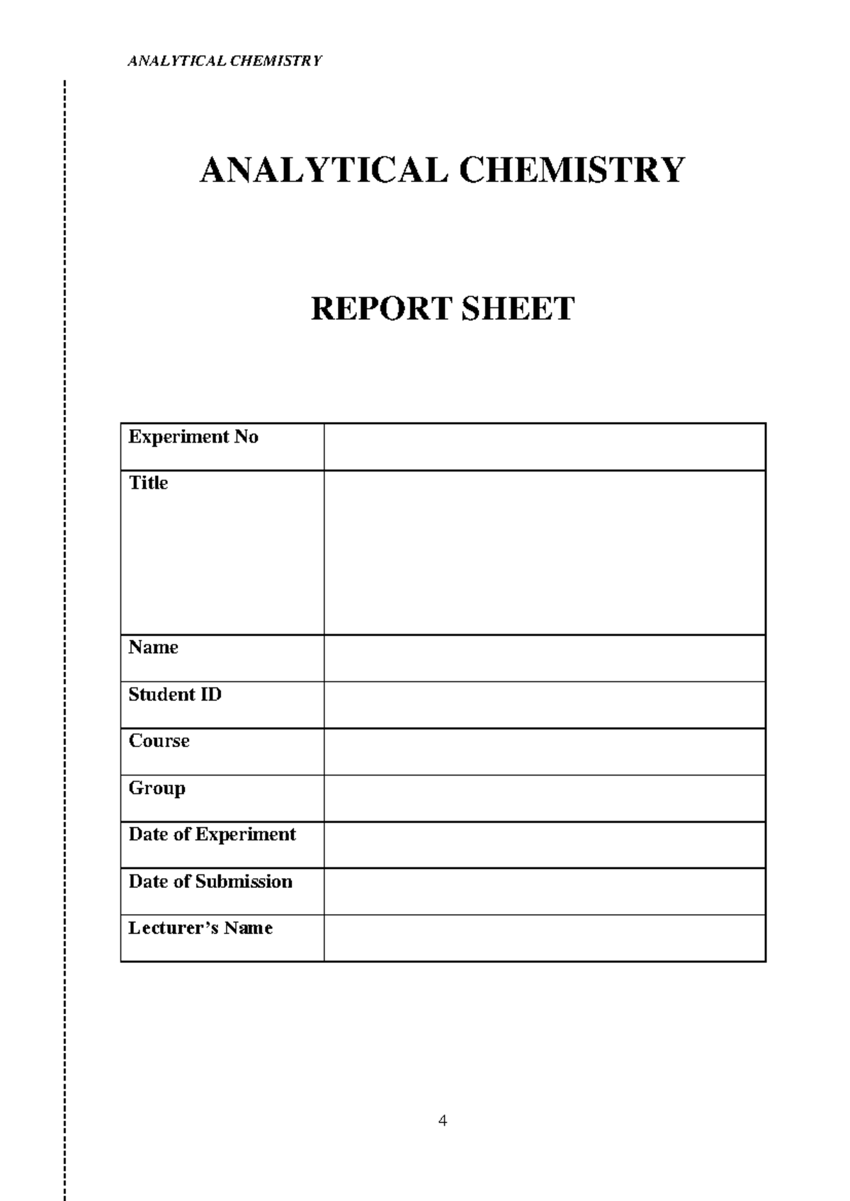 Report Sheet CHM - good - ANALYTICAL CHEMISTRY REPORT SHEET Experiment ...