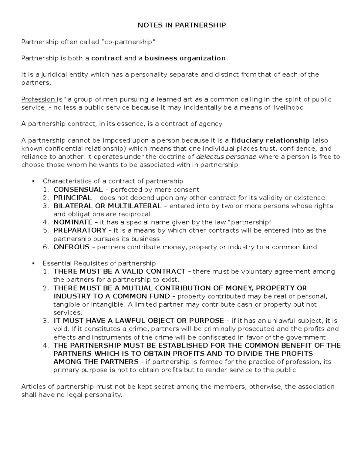 Notes IN Partnership - NOTES IN PARTNERSHIP Partnership often called ...