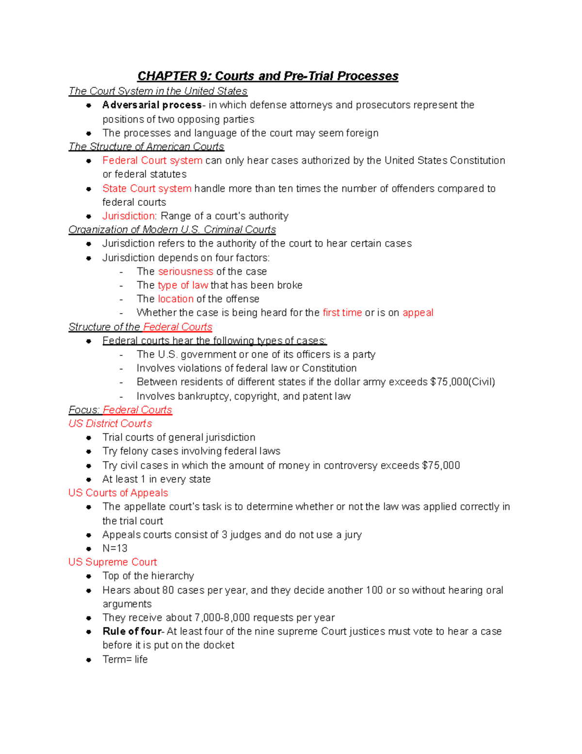 Criminal Justice Notes - CHAPTER 9: Courts and Pre-Trial Processes The ...