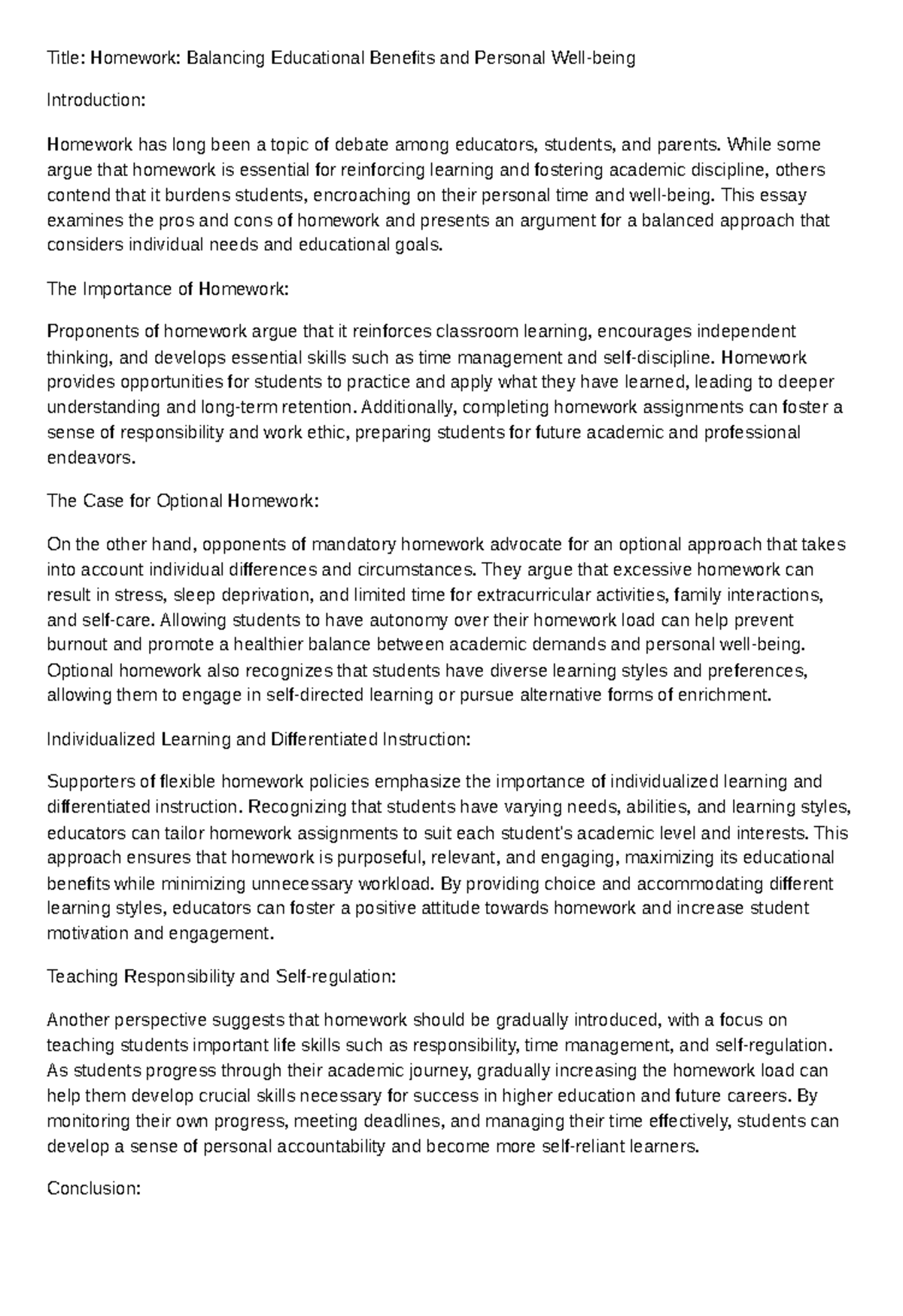 Homework Balancing Educational Benefits and Personal Well-being - Title ...