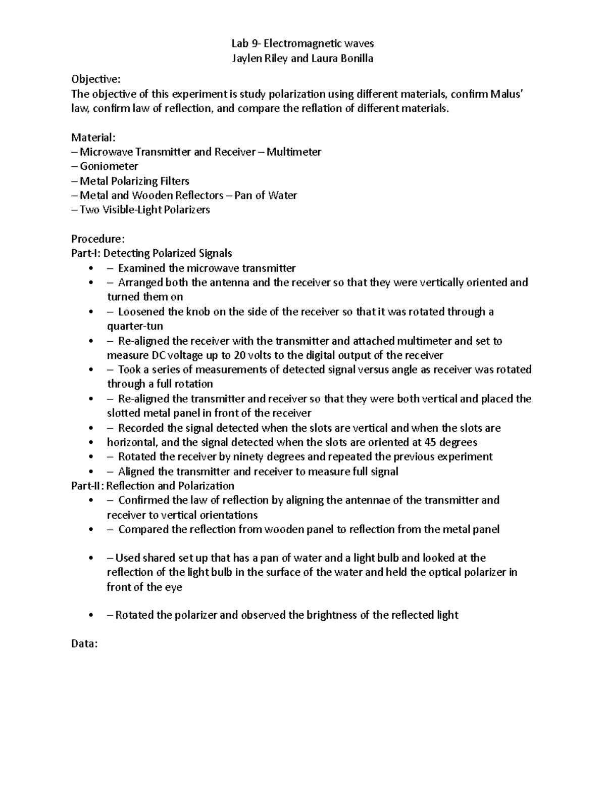 Lab 9 - correct - Jaylen Riley and Laura Bonilla Objective: The ...