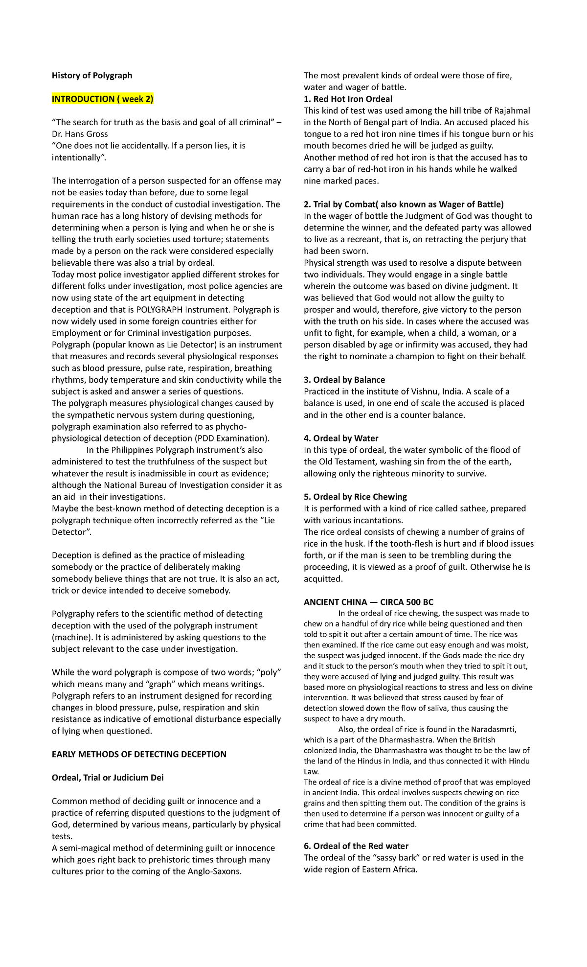 Week 2 and 3 Polygraph - Lecture - History of Polygraph INTRODUCTION ...