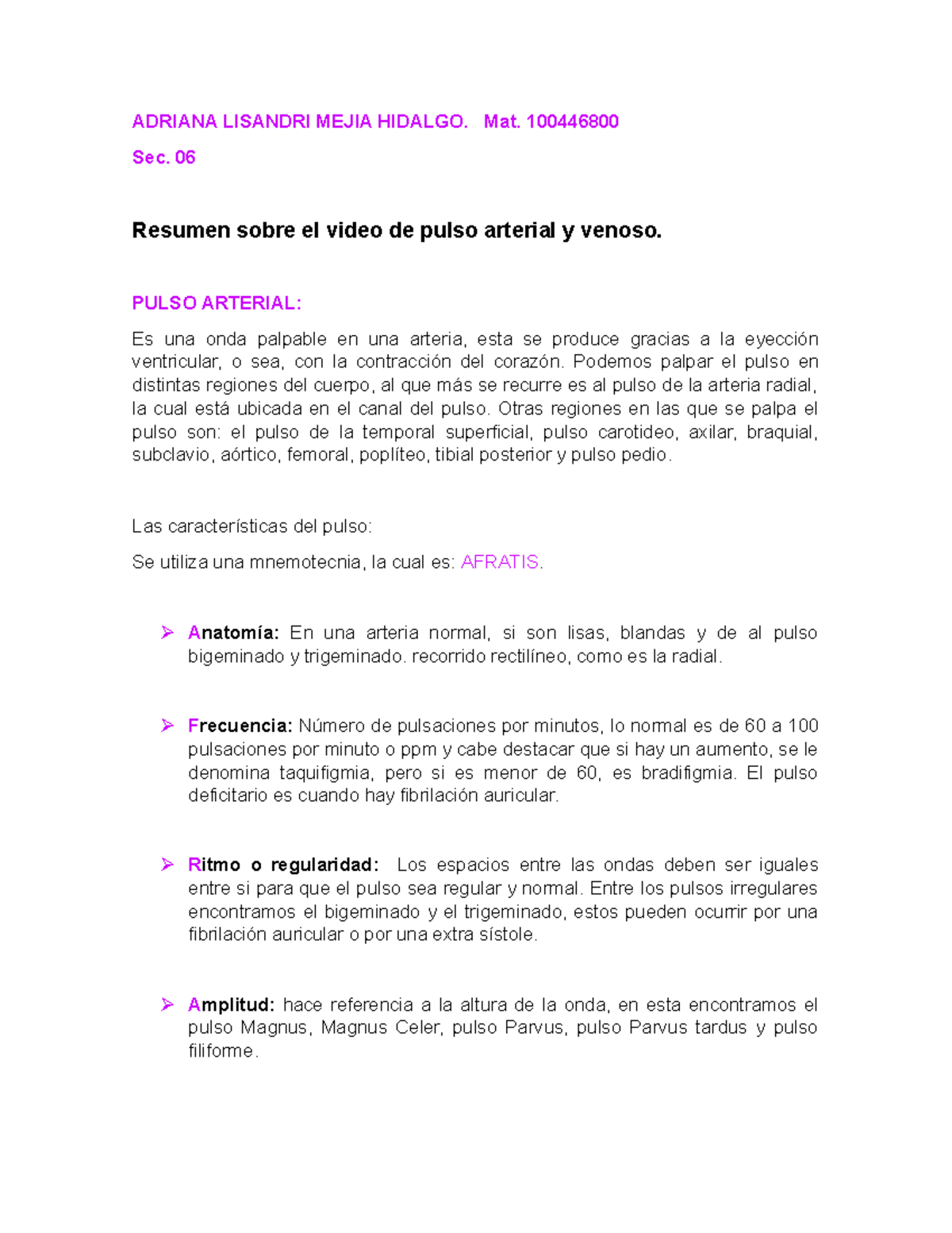 Resumen sobre el video de pulso arterial y venoso. Adriana Mejia ...