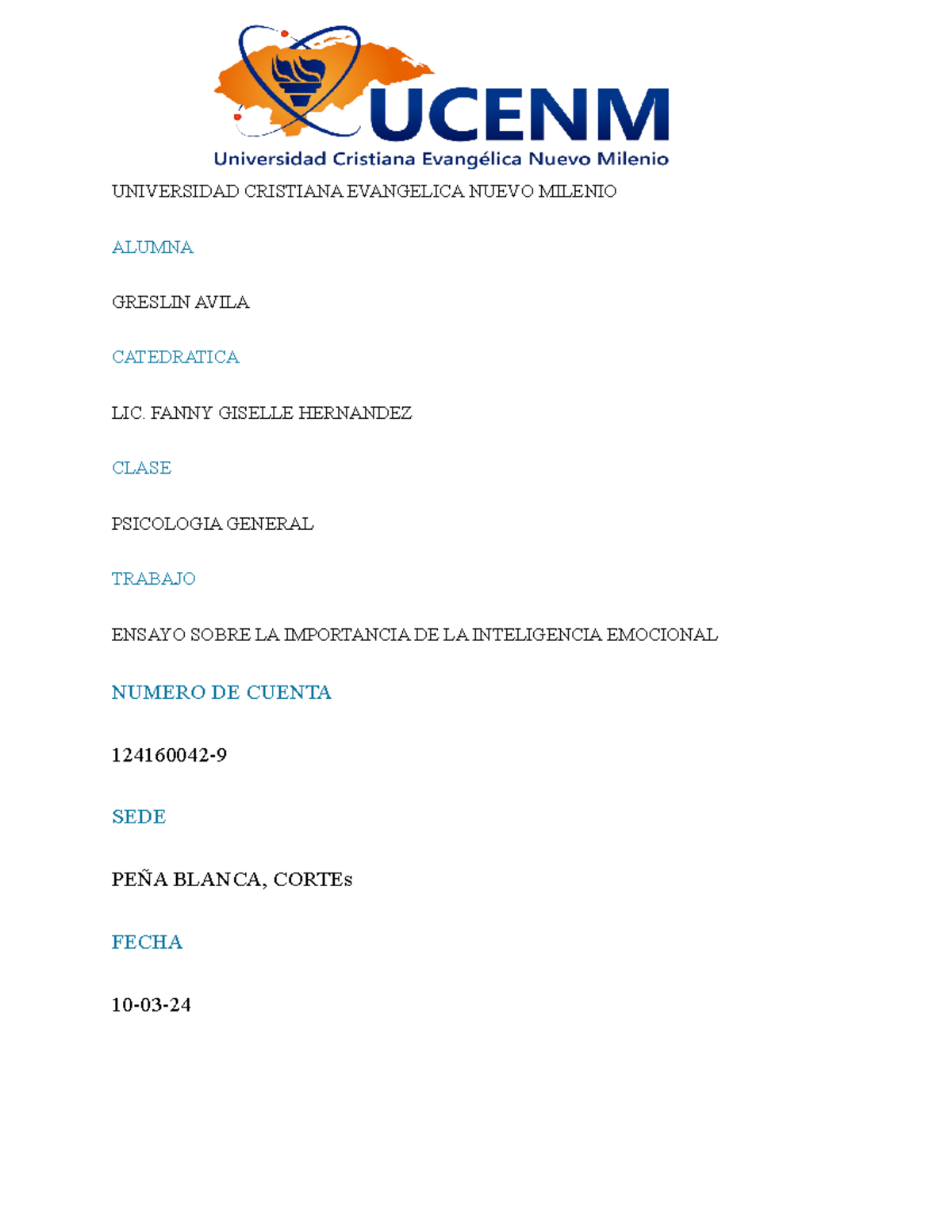 124160042-8 - UNIVERSIDAD CRISTIANA EVANGELICA NUEVO MILENIO ALUMNA ...