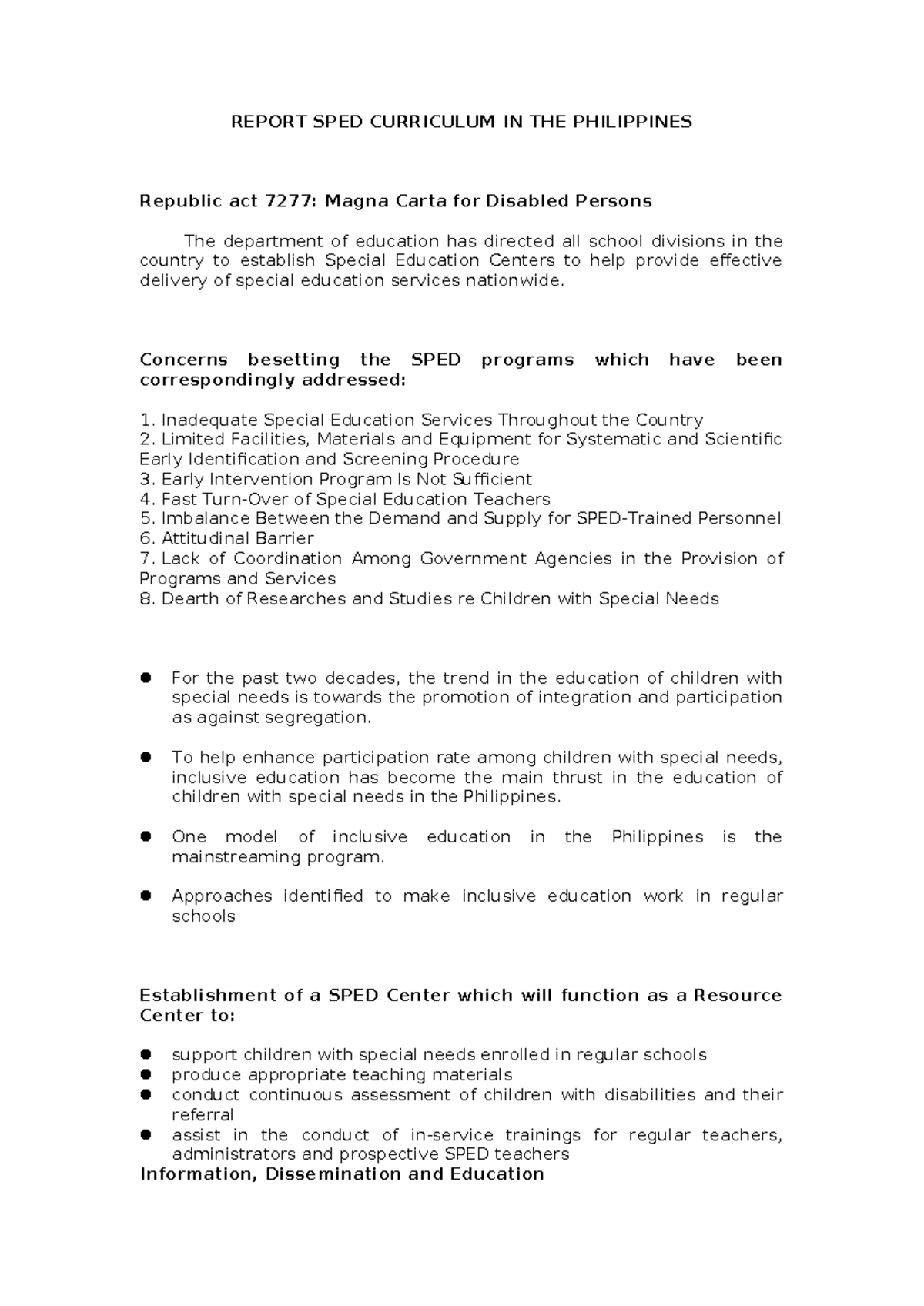 Report SPED Curriculum IN THE Philippines - REPORT SPED CURRICULUM IN ...