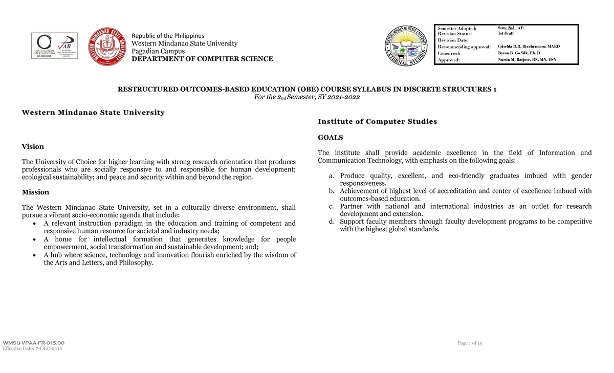 Syllabus- Discrete Structures 1 - WMSU-VPAA-FR-015 Page 1 of 15 ...