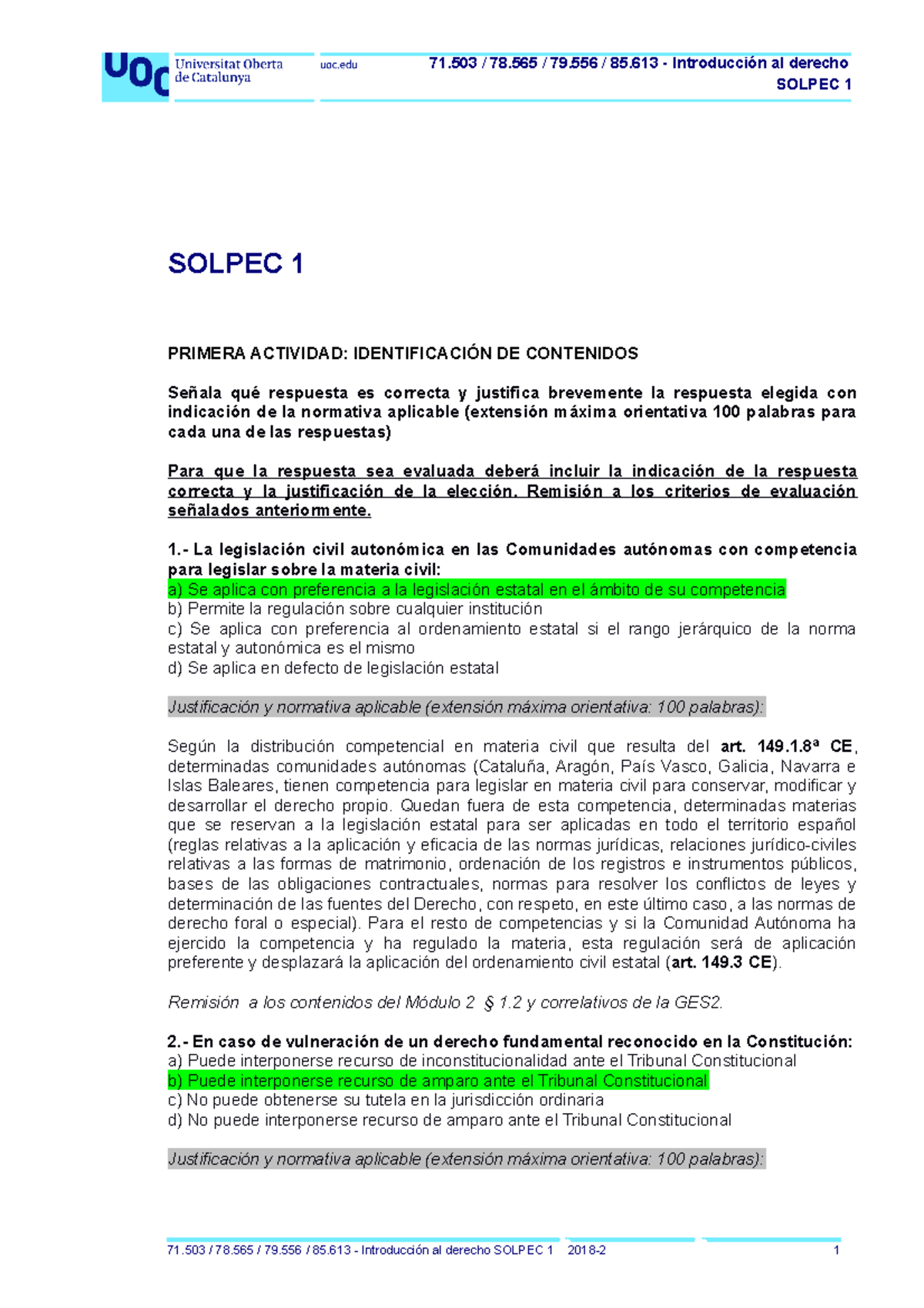 Solución pec 1 - segundo semestre 2018 / 2019 - 71 / 78 / 79 / 85 - Introducción al derecho ...