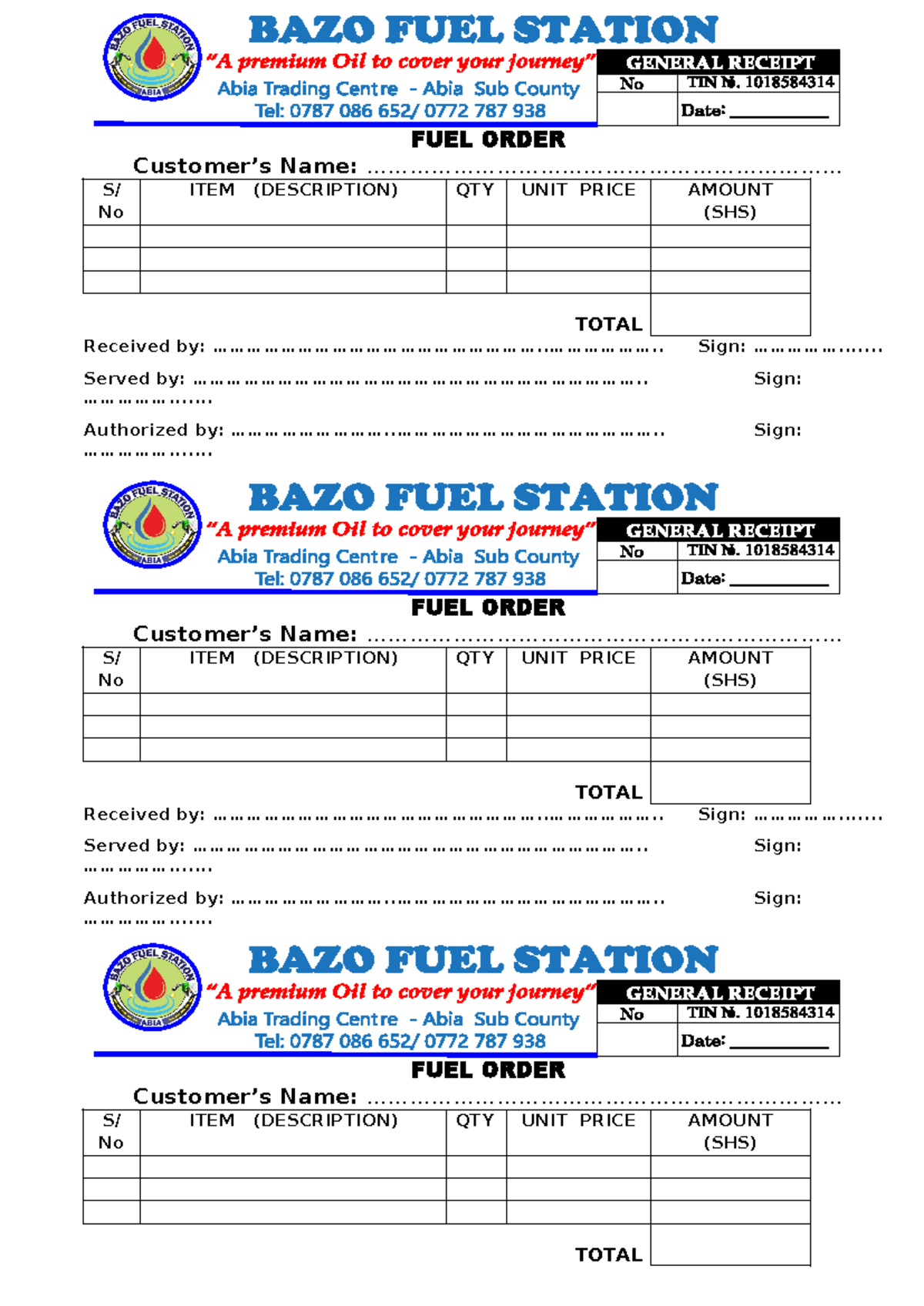 FUEL Order - N/A - FUEL ORDER Customer’s Name: - Studocu