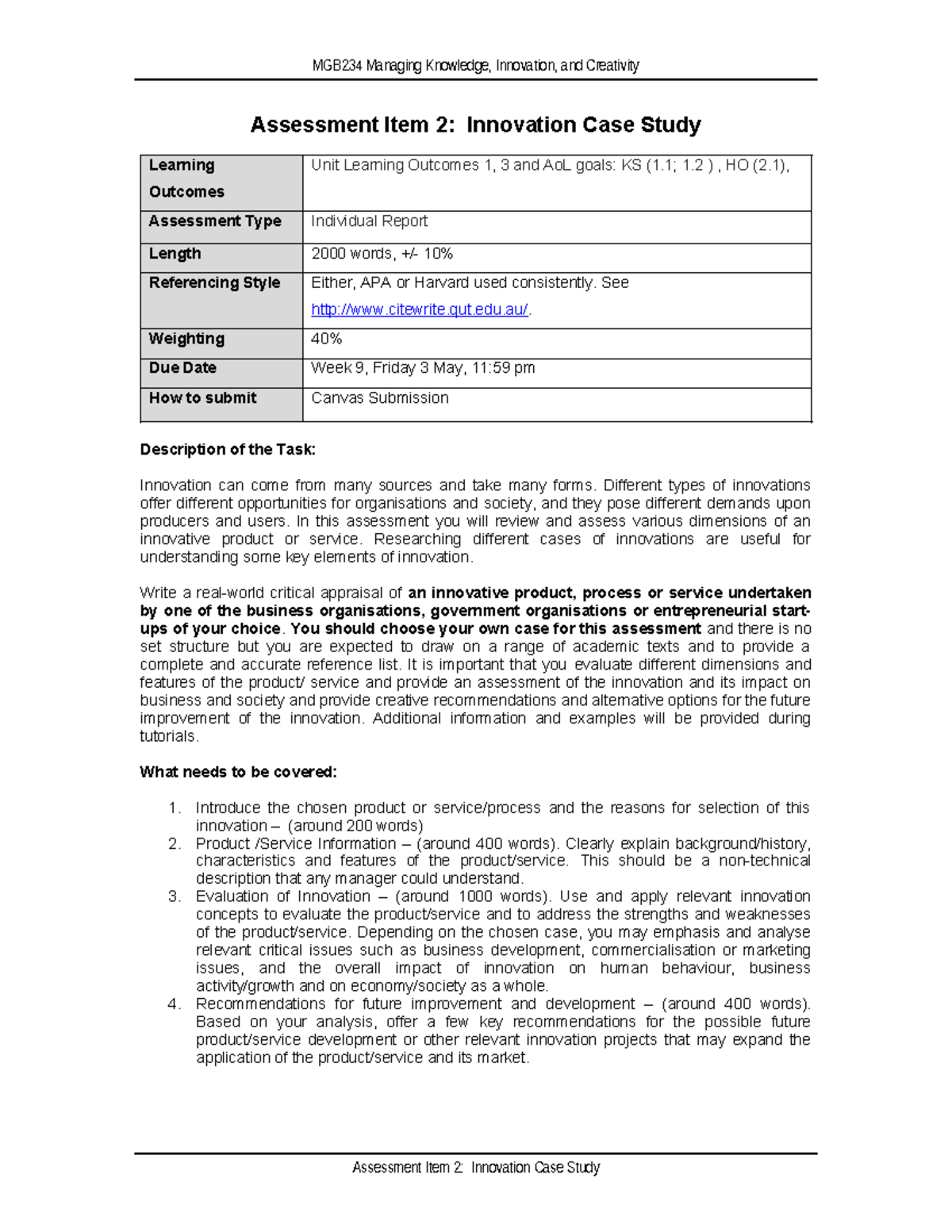 Innovation Case Study S1 2024-1 - MGB234 Managing Knowledge, Innovation ...